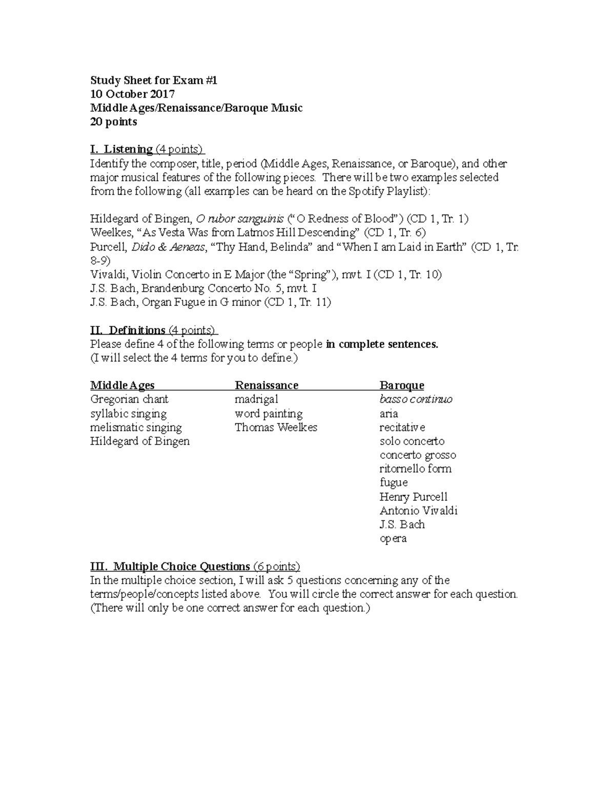 Study Sheet for Exam #1 Medieval Renaissance Baroque - Study Sheet for ...