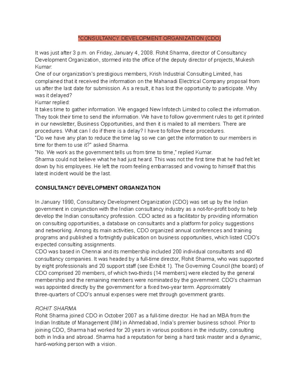 Case Study 3 - "CONSULTANCY DEVELOPMENT ORGANIZATION (CDO) It was just ...