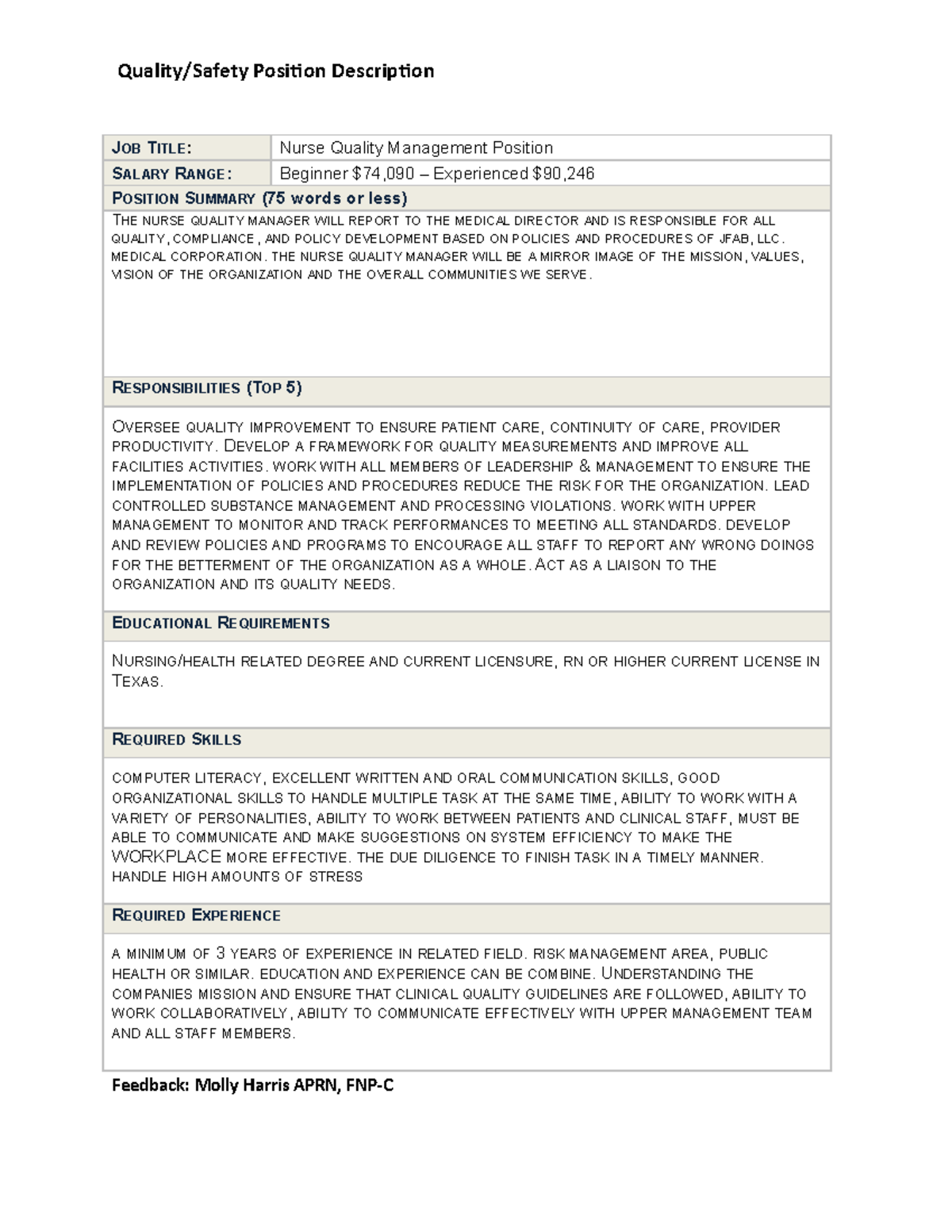 Nurse Quality Position Description - Quality/Safety Position ...