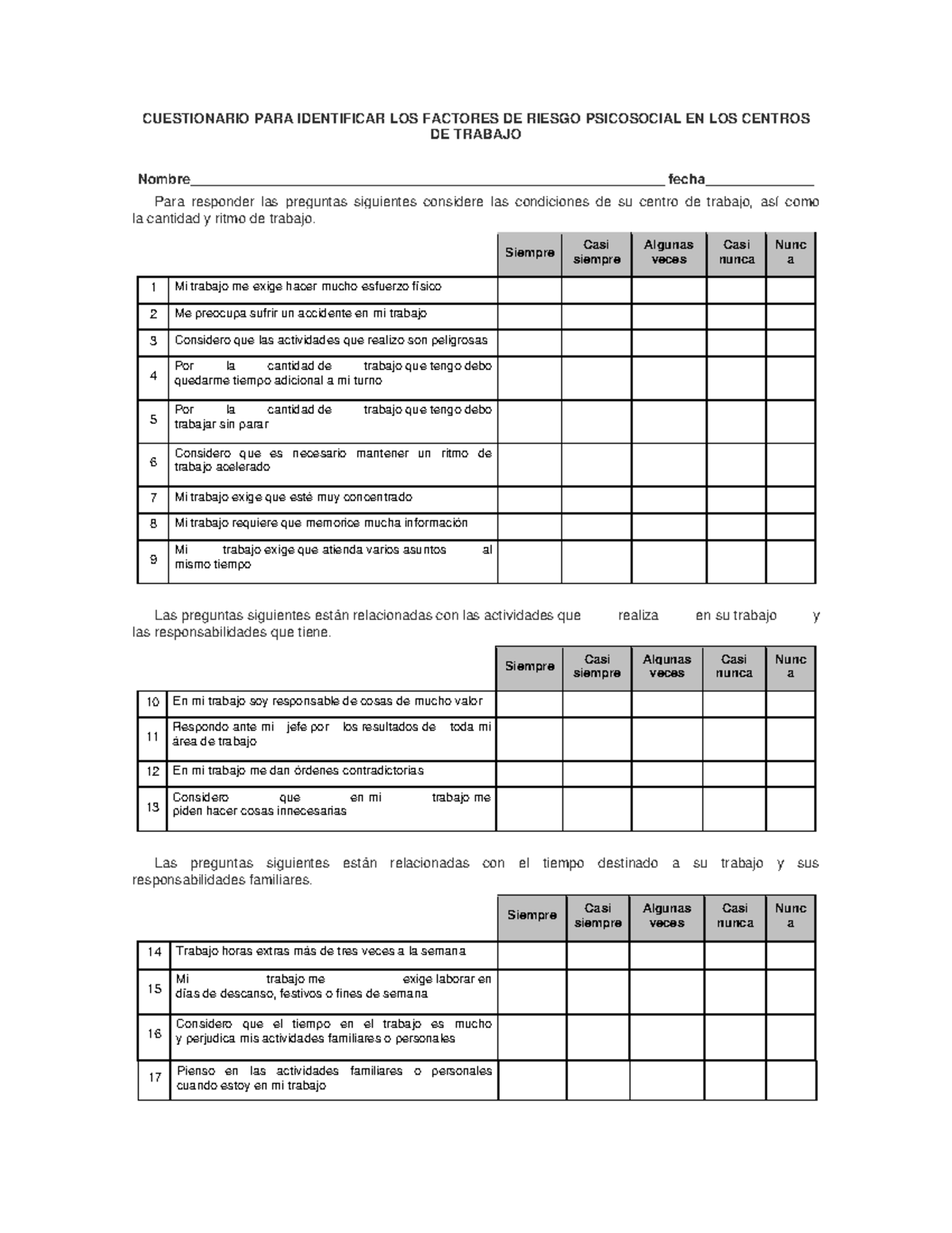 Cuestionario Riesgo Psicosociales NOM 035 - CUESTIONARIO PARA IDENTIFICAR LOS FACTORES DE RIESGO ...