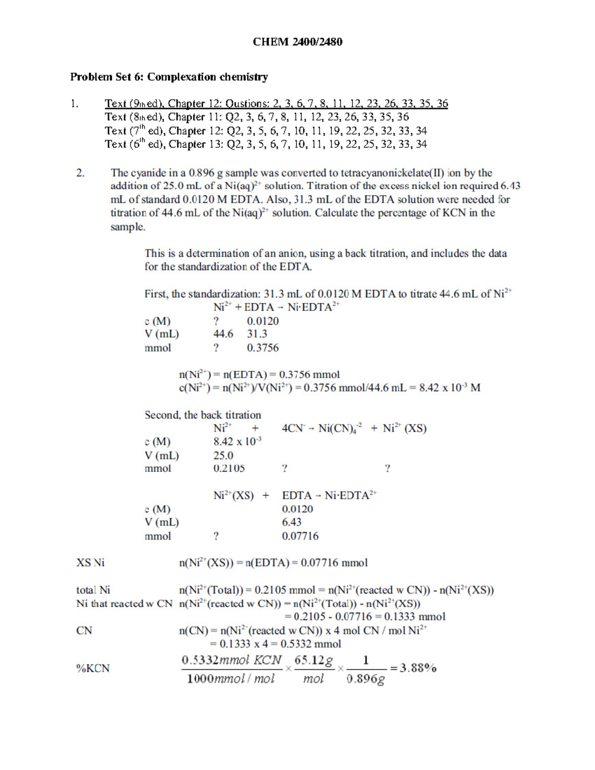 Problem Set 6 solutions - CH-207 - Problem Set 6: Complexation ...