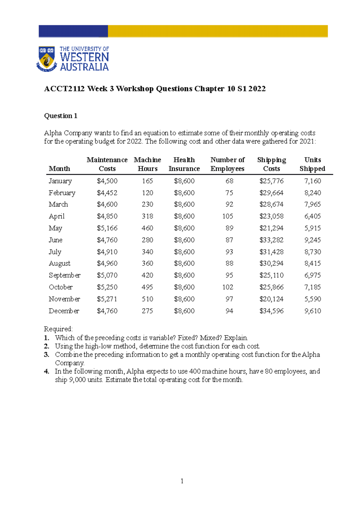 3 ACCT2112 Week 3 Costs Behaviour WS Questions S1 2022 - ACCT2112 Week 3 Workshop Questions ...