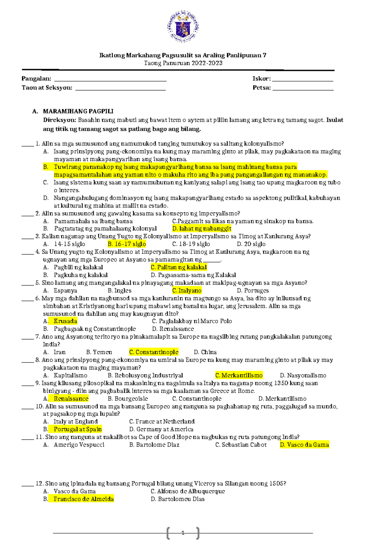 A.P. 7 Third Quarter - Ikatlong Markahang Pagsusulit - Ikatlong ...