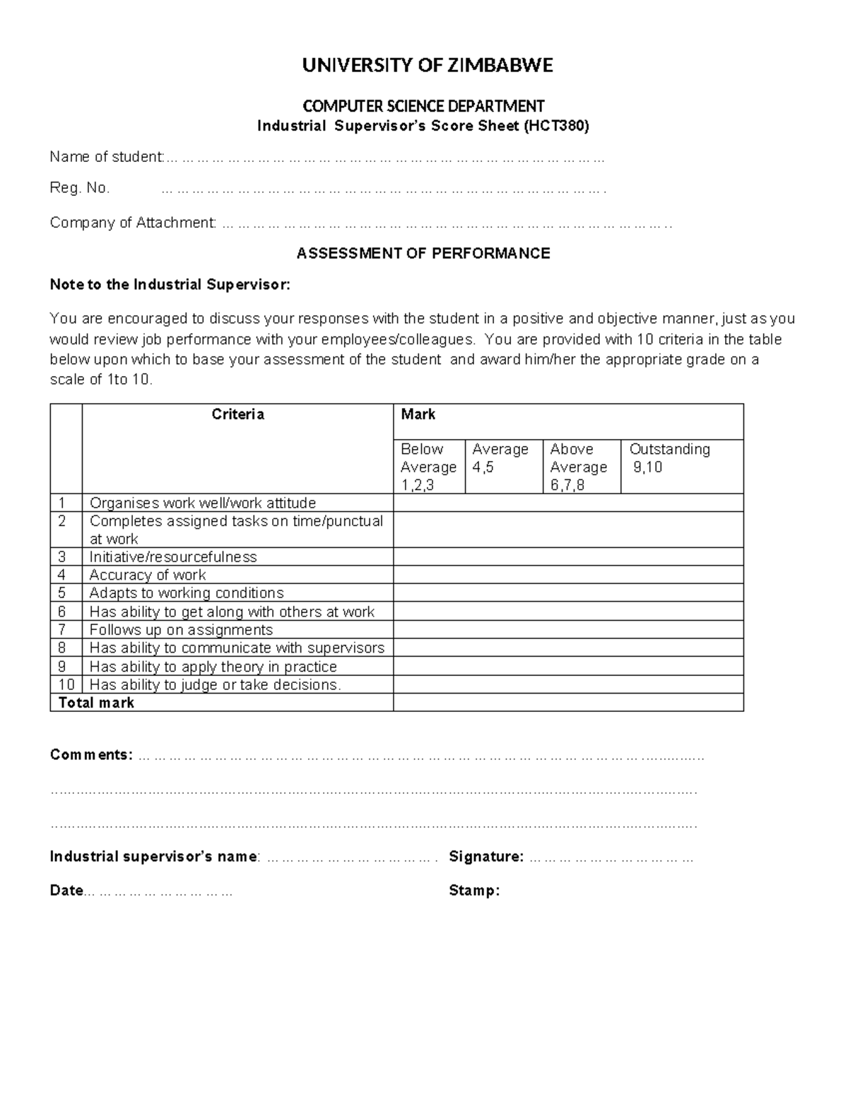 Industrial Attachment Supervisors Score Cheet 2 University Of Zimbabwe Computer Science 