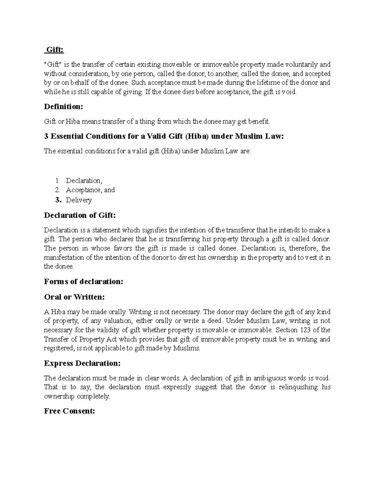 concept of Gift or Hiba in islamic law - Gift: is the transfer of ...