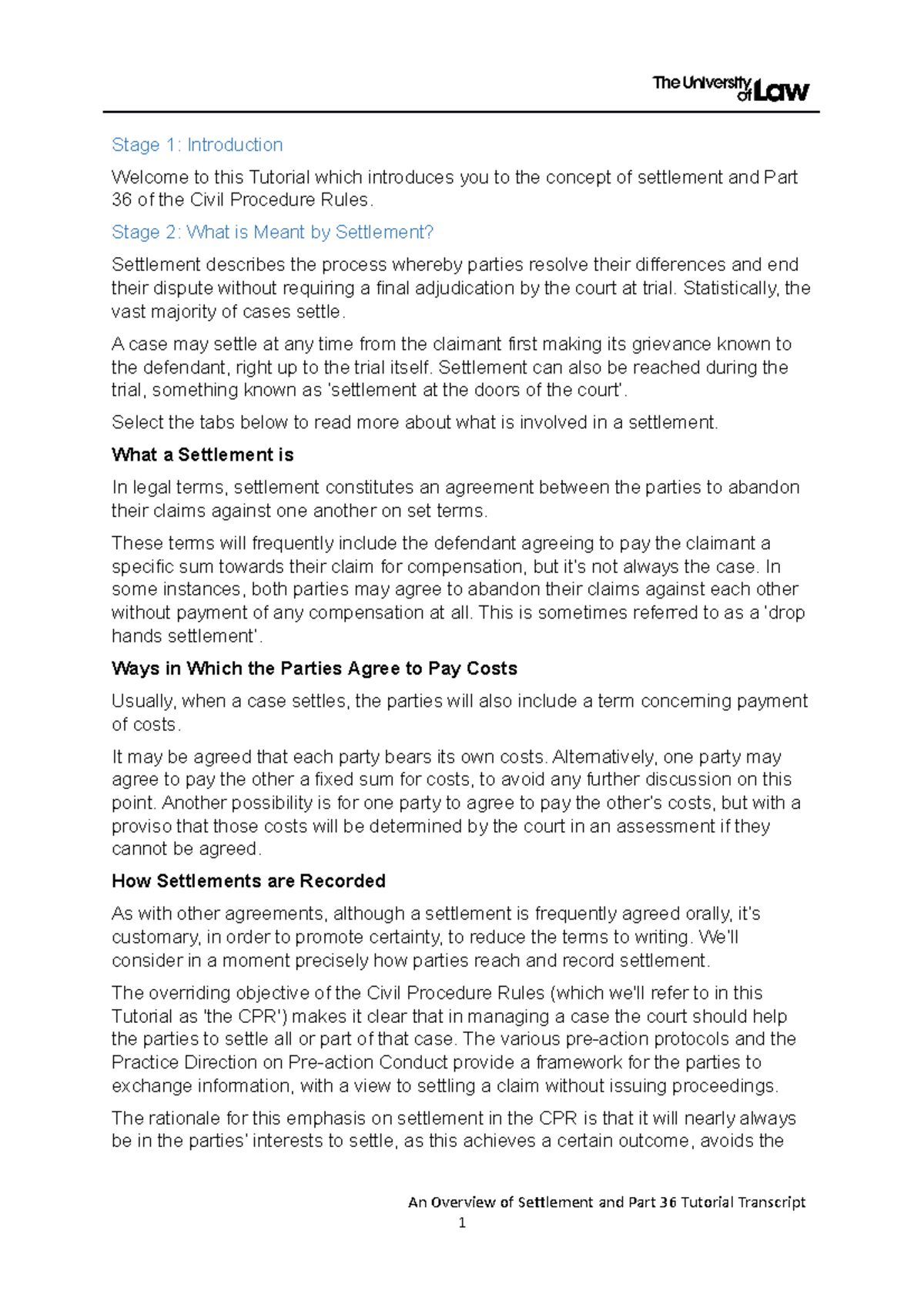 An Overview of Settlement and Part 36 Transcript - Stage 1 ...