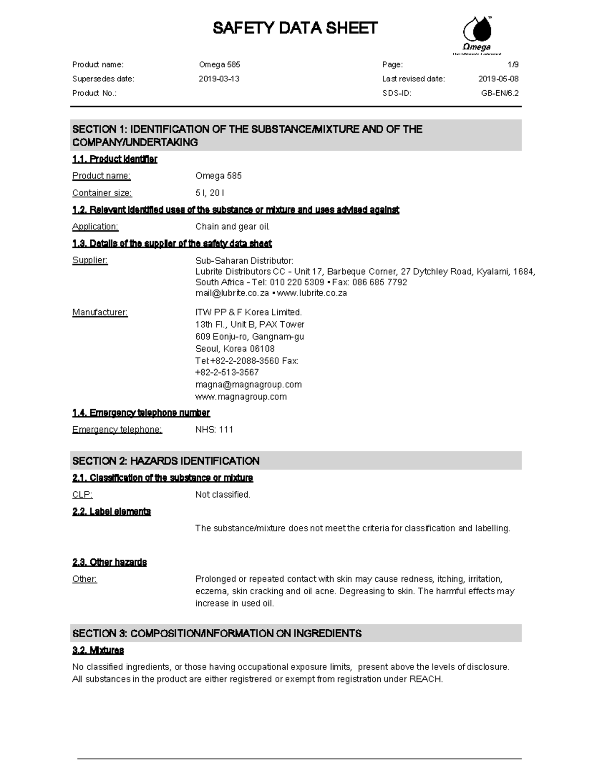 Omega-585 GB 6 - n/a - SECTION 2: HAZARDS IDENTIFICATION 2 ...