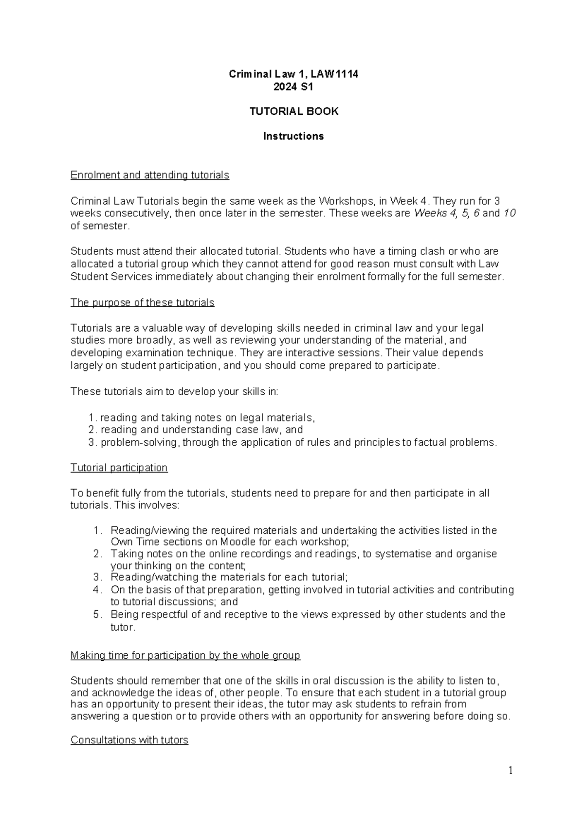 LAW1114 S1 2024 Tutorial booklet - Criminal Law 1, LAW 2024 S TUTORIAL ...