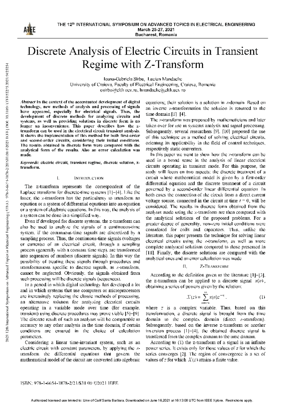 Discrete Analysis of Electric Circuits in Transient Regime with Z-Transform - 2021 12th - Studocu