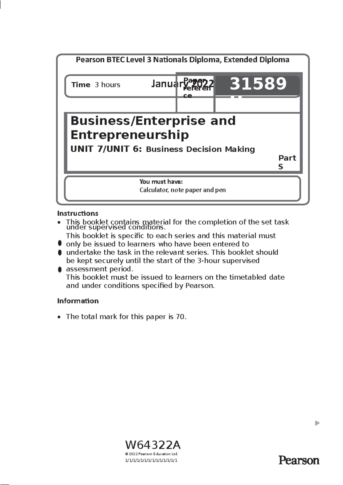 Jan 2022 paper - past year - Pearson BTEC Level 3 Nationals Diploma ...