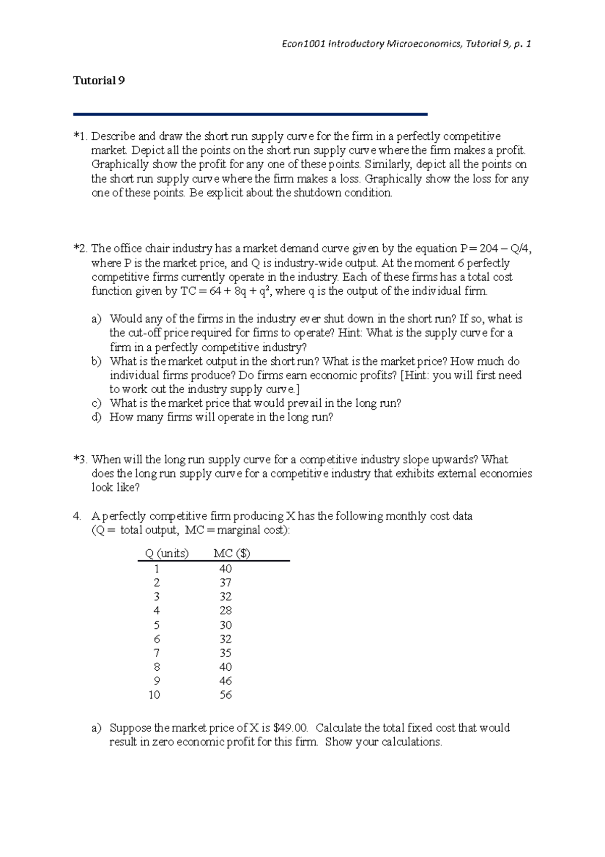 Tut09_2023semester1 - Econ1001 Introductory Microeconomics, Tutorial 9, p. 1 Tutorial 9 *1 ...