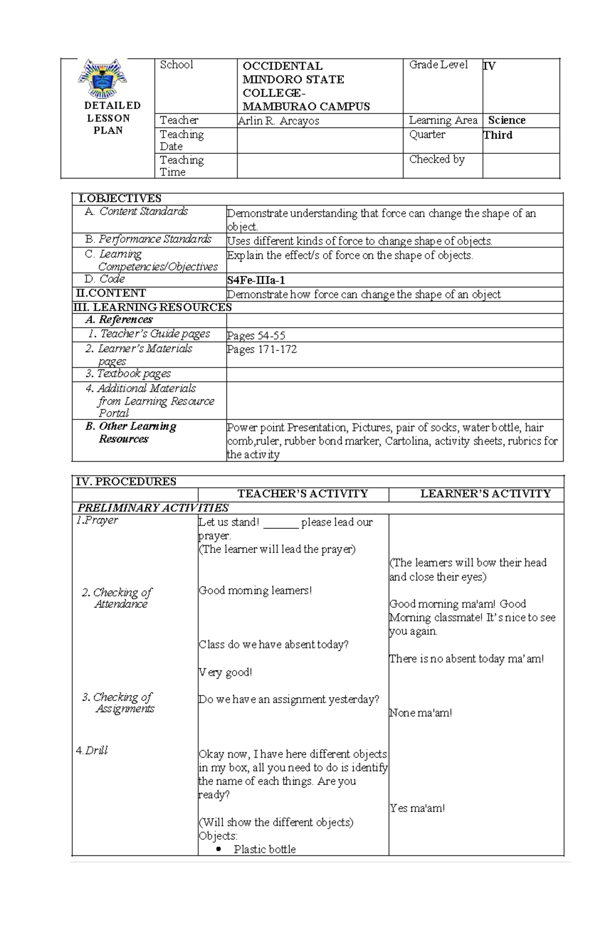 Detailed- Lesson-PLAN - DETAILED LESSON PLAN School OCCIDENTAL MINDORO ...