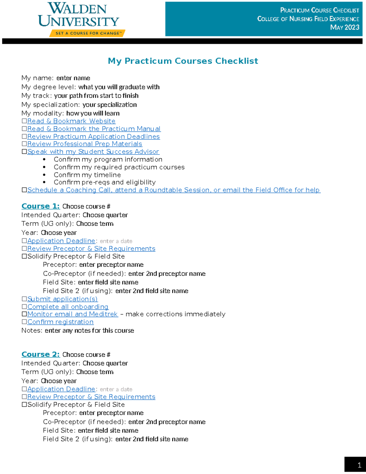 CON Practicum Checklist Student - COLLEGE OF NURSING FIELD EXPERIENCE ...