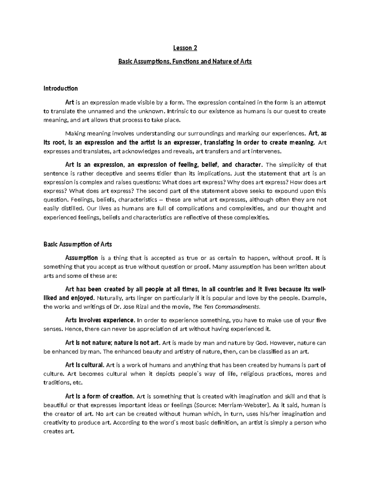 Art Appeciation leson 2 - Lesson 2 Basic Assumptions, Functions and ...