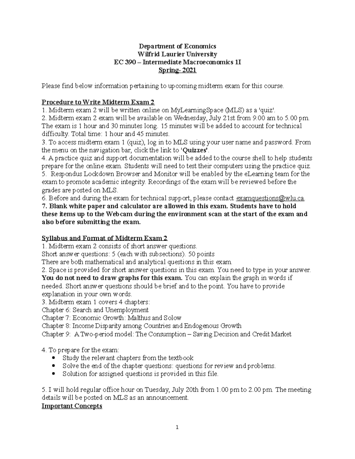 Syllabus, Procedure & Practice Questions for Midterm Exam 2 - EC390 - WLU - Studocu