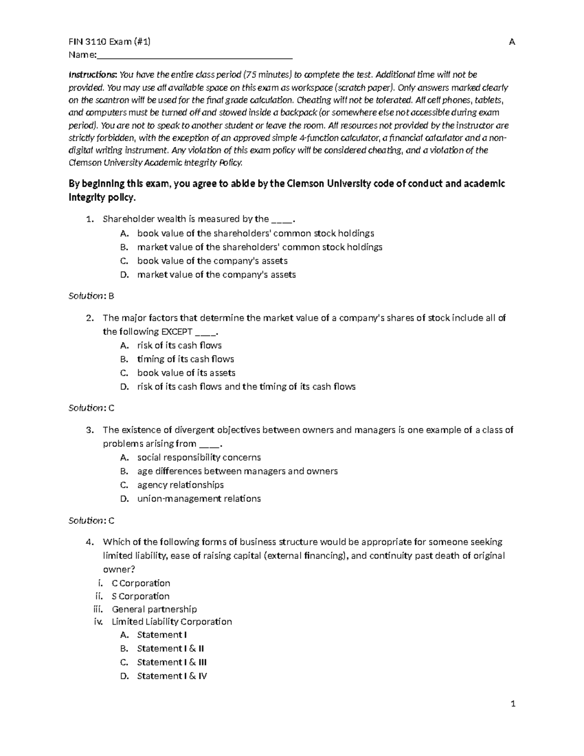 Exam 1 A with Solutions 1 - Name: Instructions: You have the entire ...