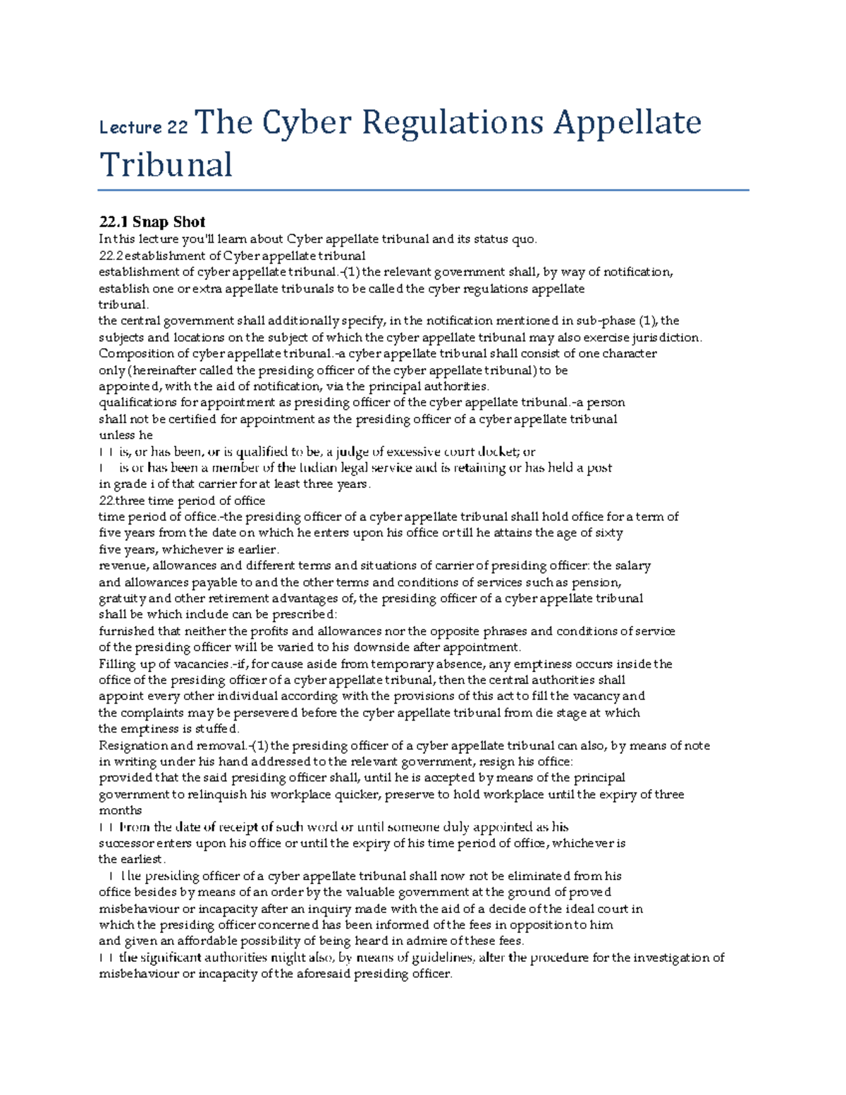 Lecture 22 The Cyber Regulations Appellate Tribunal - 22 establishment ...