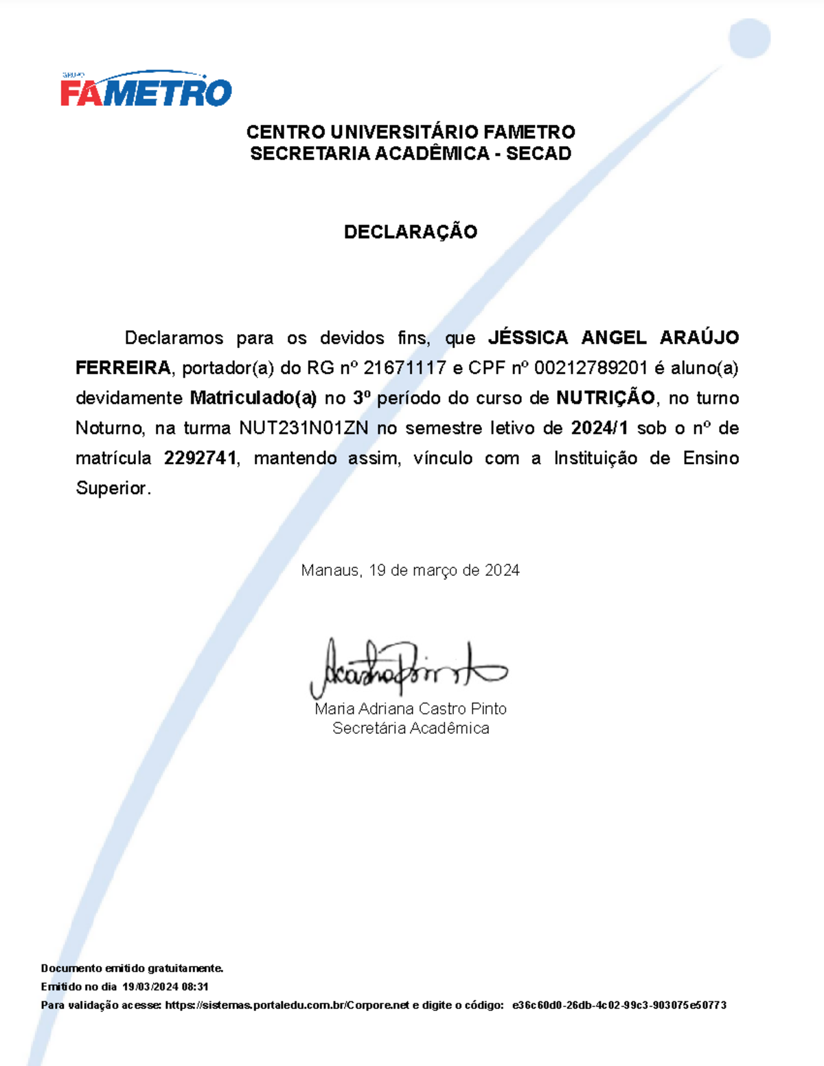 Relatorio - trtrt - CENTRO UNIVERSITÁRIO FAMETRO SECRETARIA ACADÊMICA ...