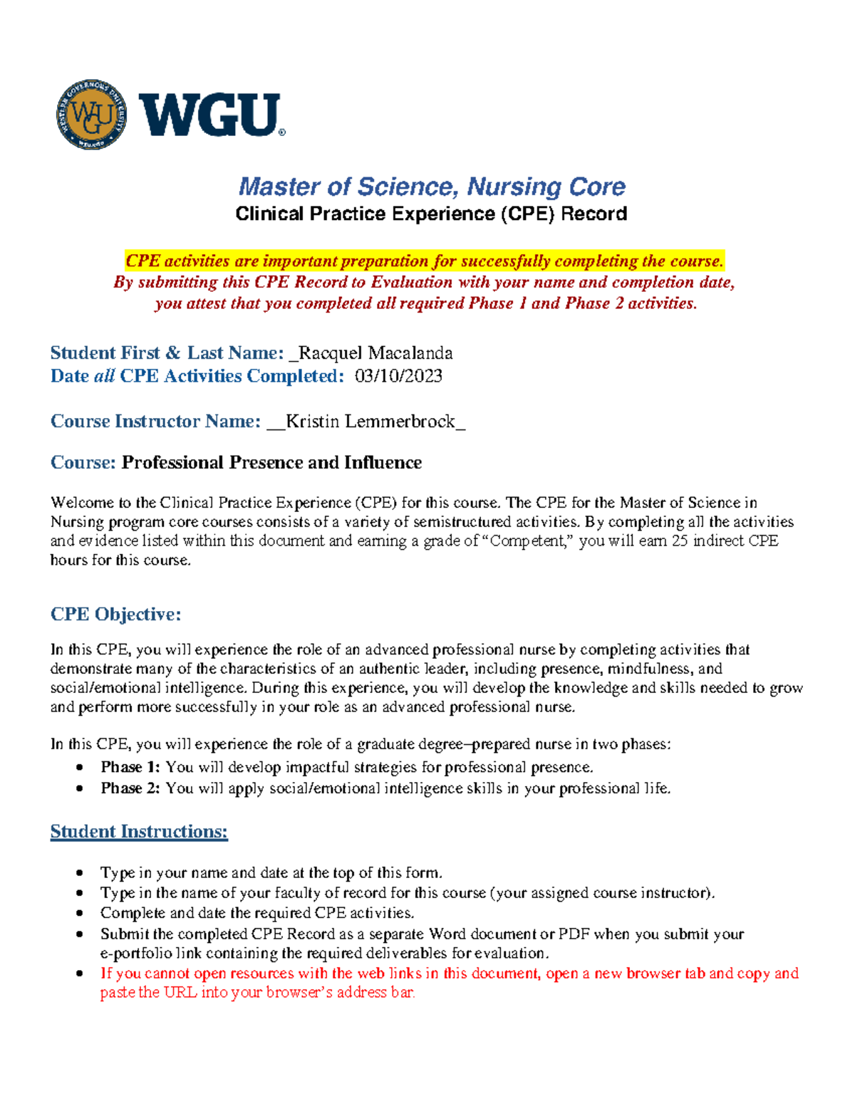 CPE Record D024 Course - Master of Science, Nursing Core Clinical ...