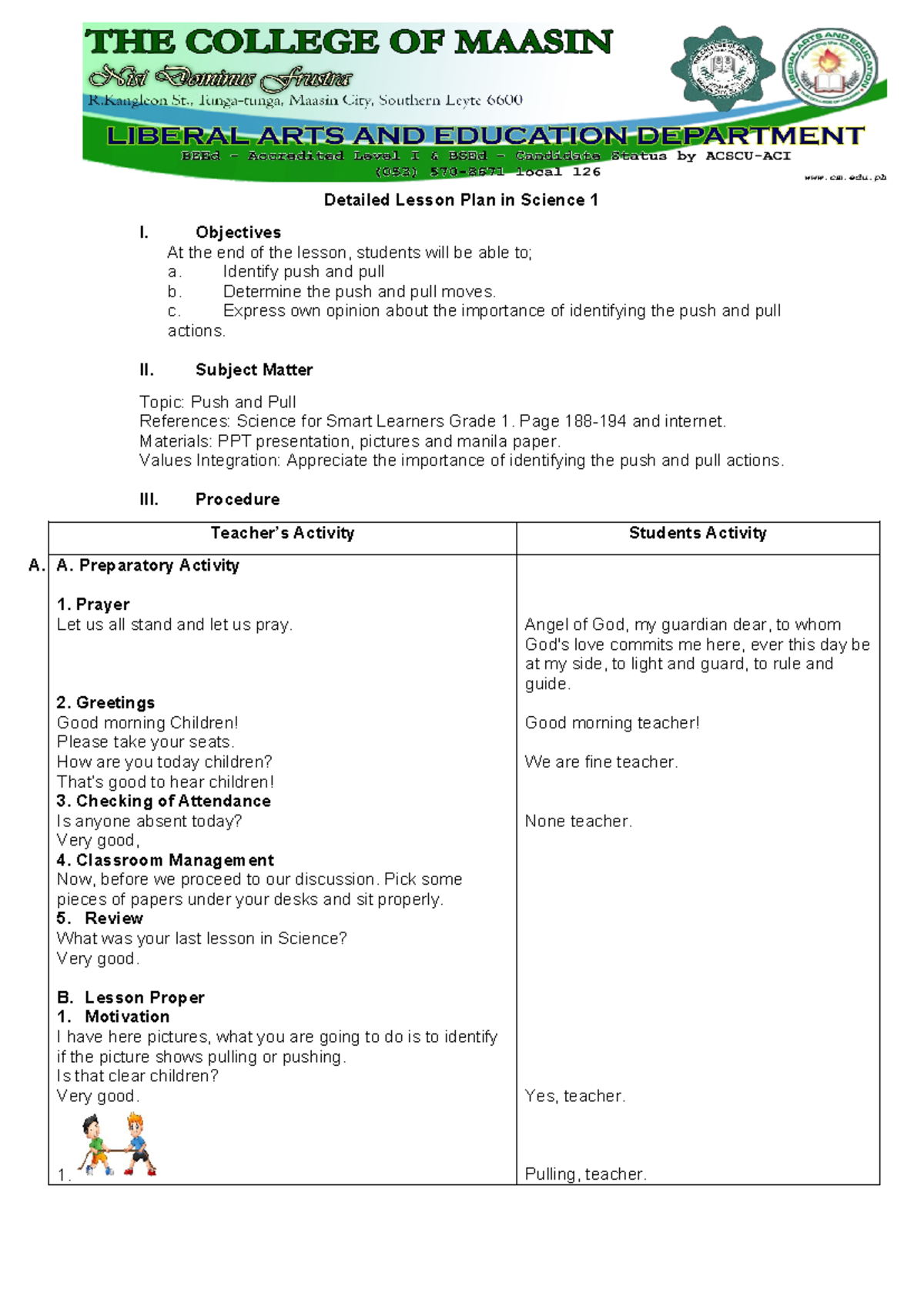 A detailed lesson plan for grade 1 - push and pull science subject - Detailed Lesson Plan in ...
