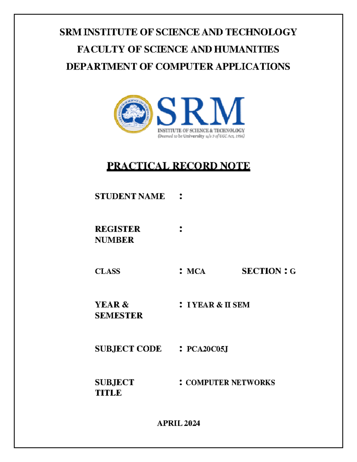 CN Record NOTE 'MCA - SRM INSTITUTE OF SCIENCE AND TECHNOLOGY FACULTY ...