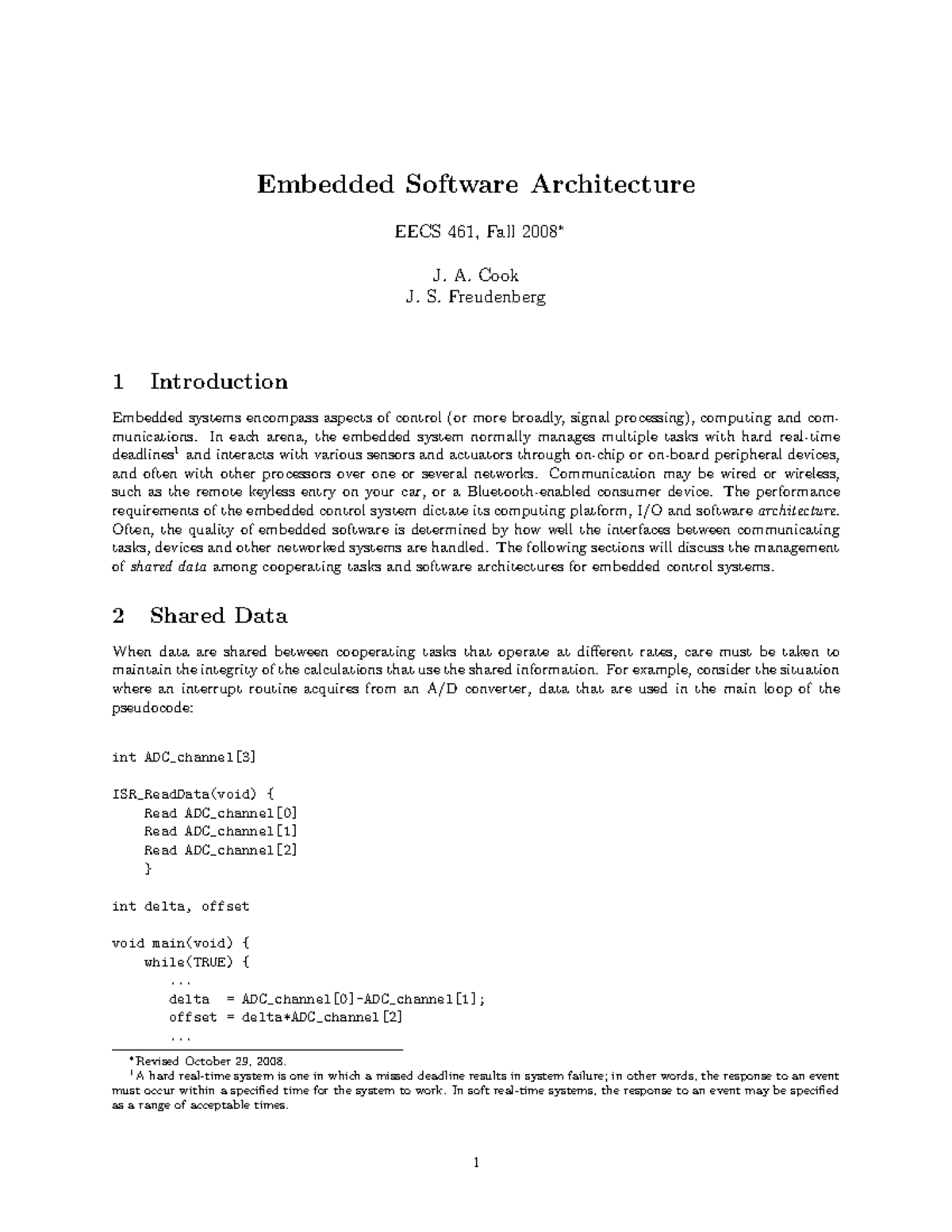 Lecture Notes Lecture 1 Embedded Software Architecture Embedded Software Architecture Eecs