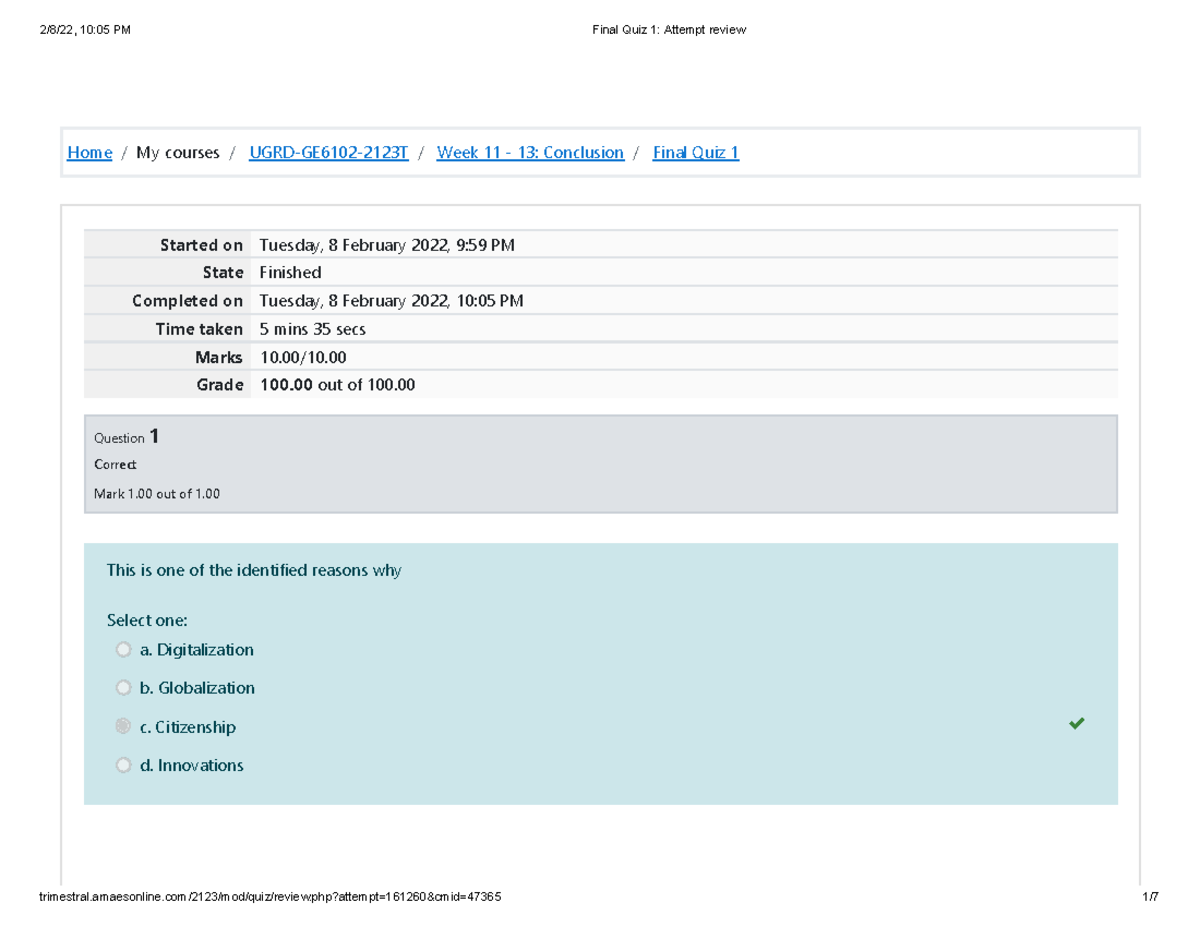Comtemp - Quiz 1 Finals - Home/ My courses / UGRD-GE6102-2123T/ Week 11 ...