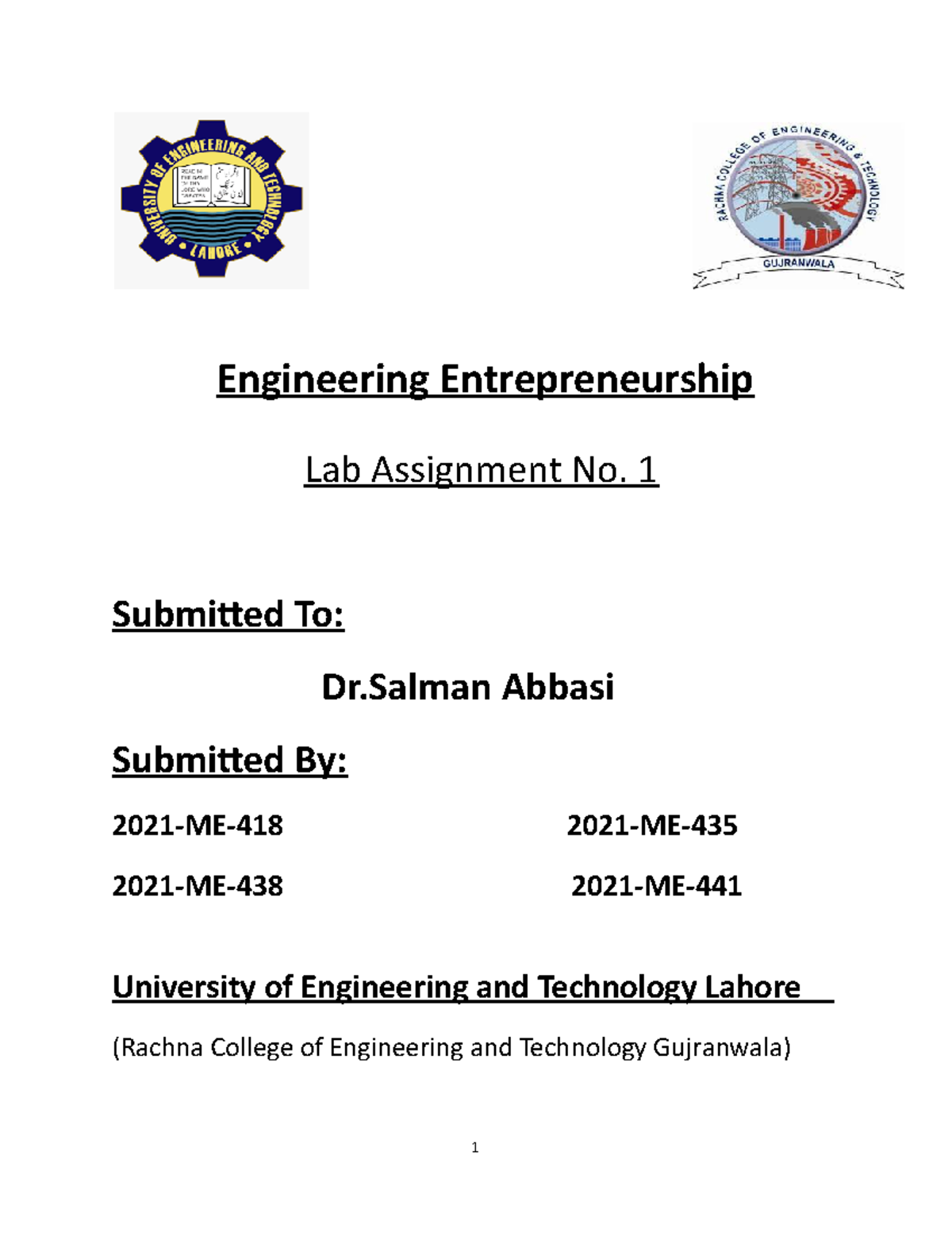 Lab Report no. 1 Enterpreneurshipe - Engineering Entrepreneurship Lab ...