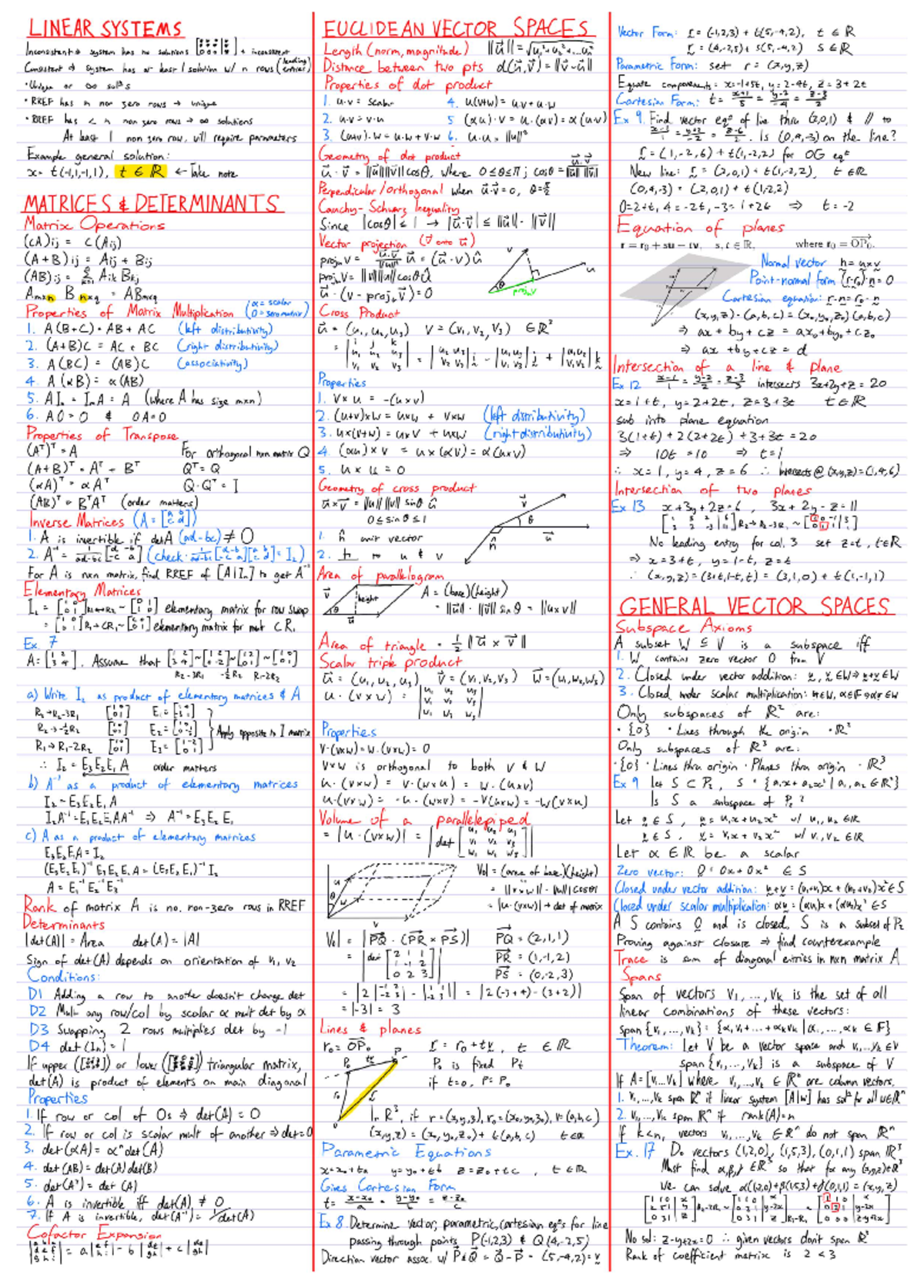 Notes Sheet - Summary Linear Algebra - LINEAR SYSTEMS EUCLIDEAN VECTOR ...