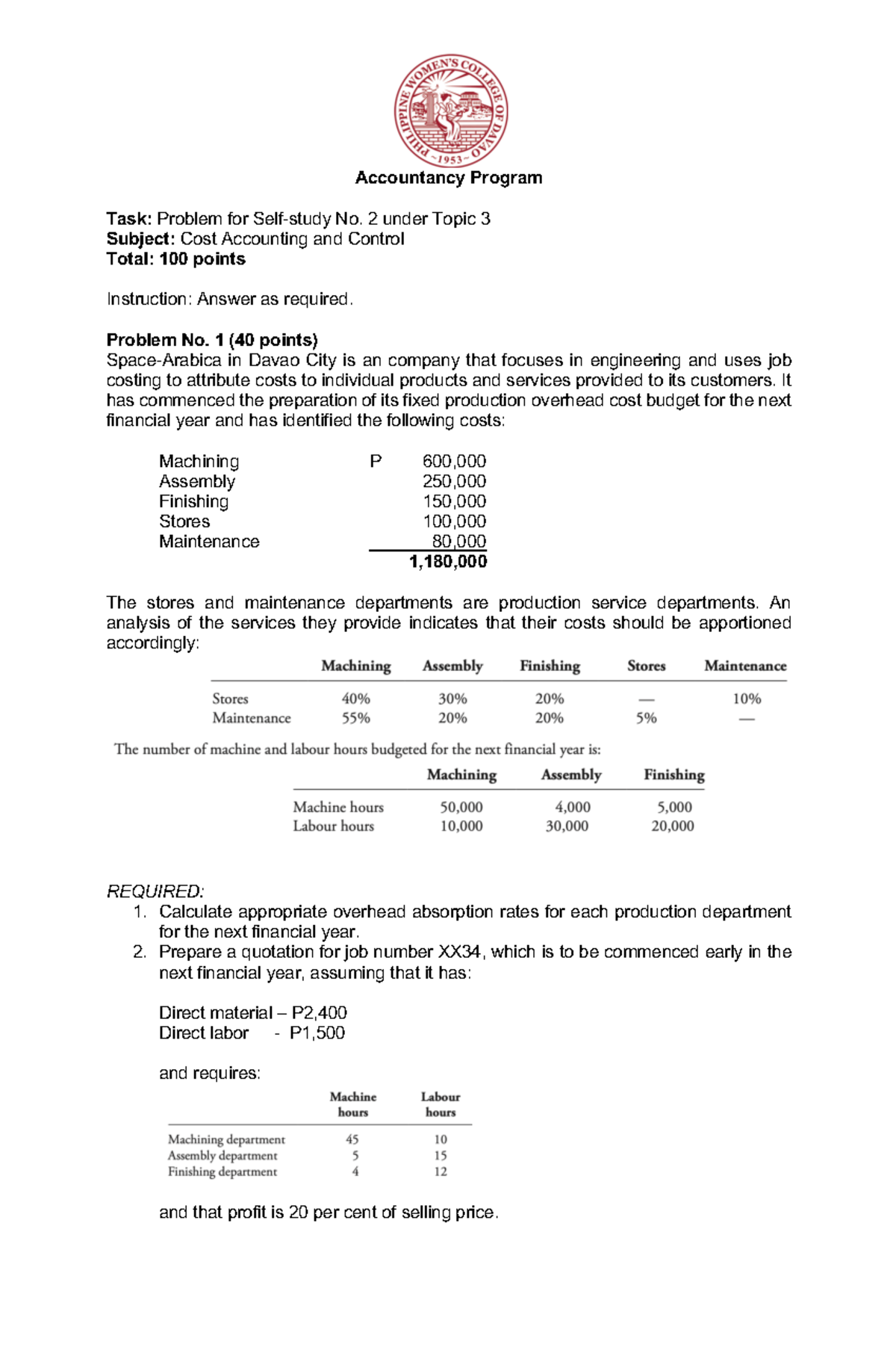 Problem for Self Study No. 02 - Accountancy Program Task: Problem for ...