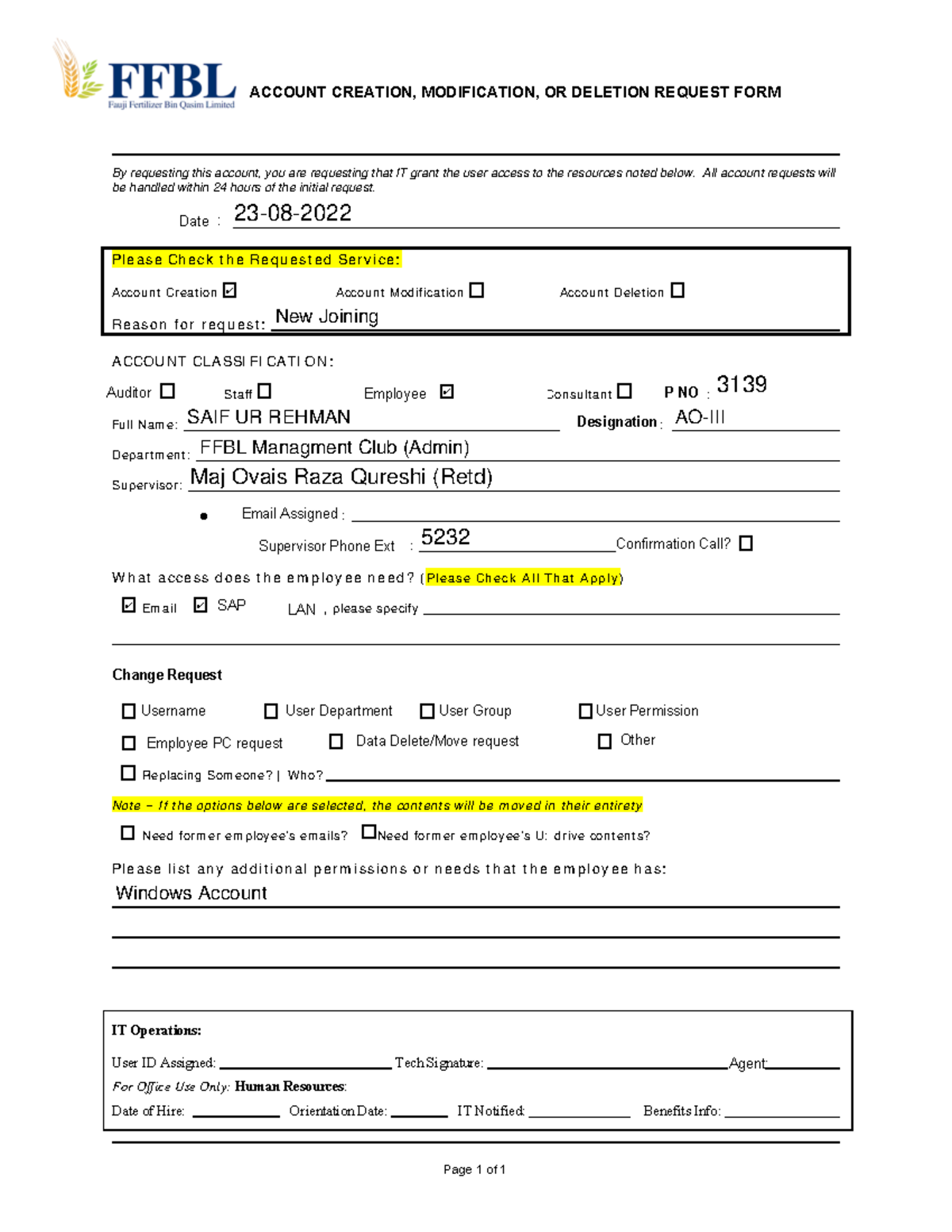 Form 2 - akfjsdh kjshfdkklfjo - ACCOUNT CREATION, MODIFICATION, OR ...