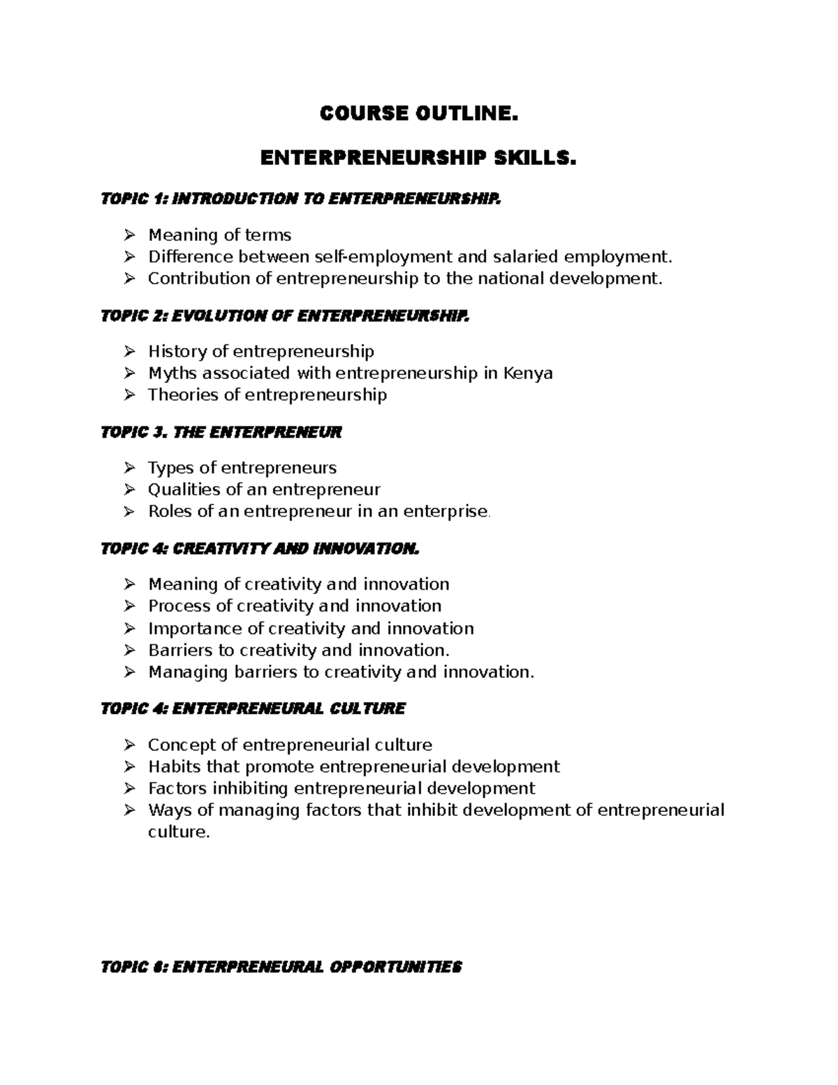 Enterpreneurship Course Outline - COURSE OUTLINE. ENTERPRENEURSHIP ...