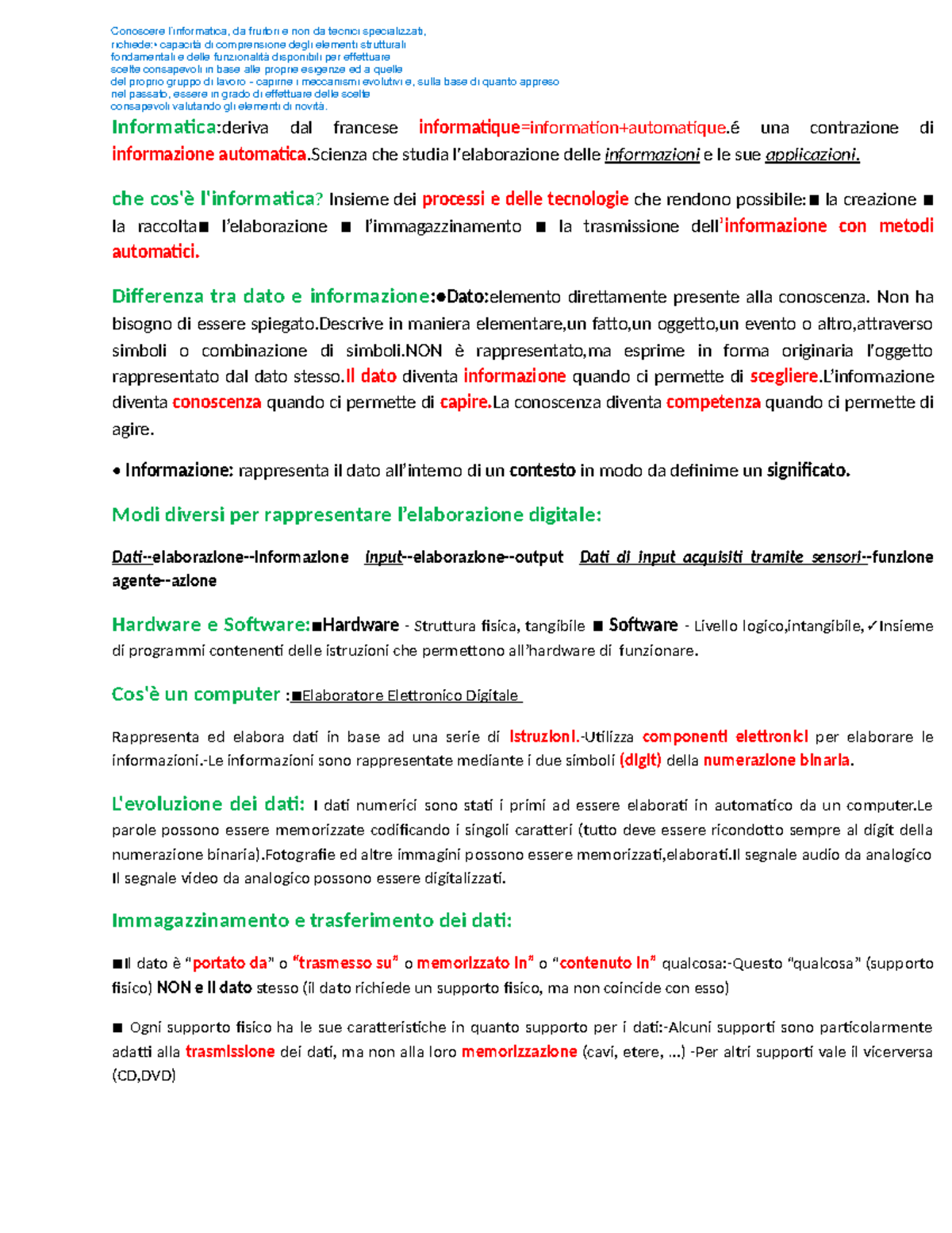 Rete parte 1 - appunti - Informatica:deriva dal francese informatique=information+automatique.é ...