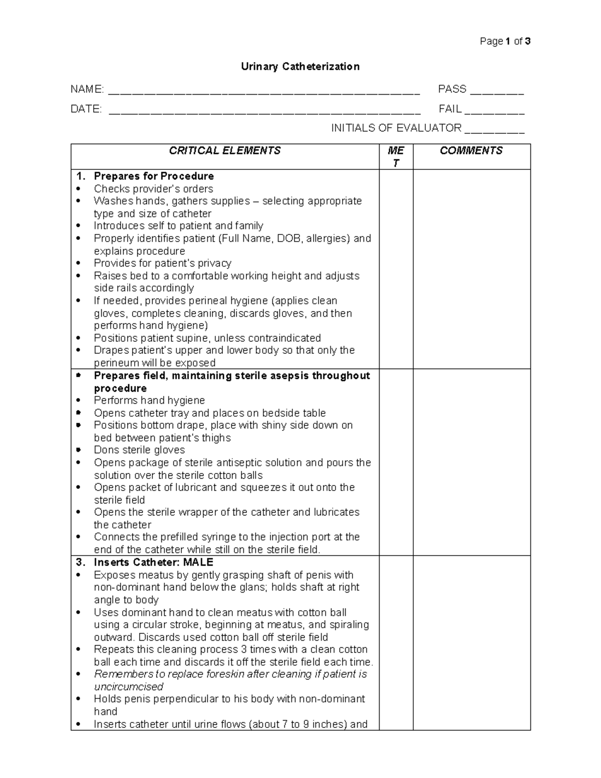 Urinary Catheterization Major Skills Check Off - Page 1 of 3 Urinary ...
