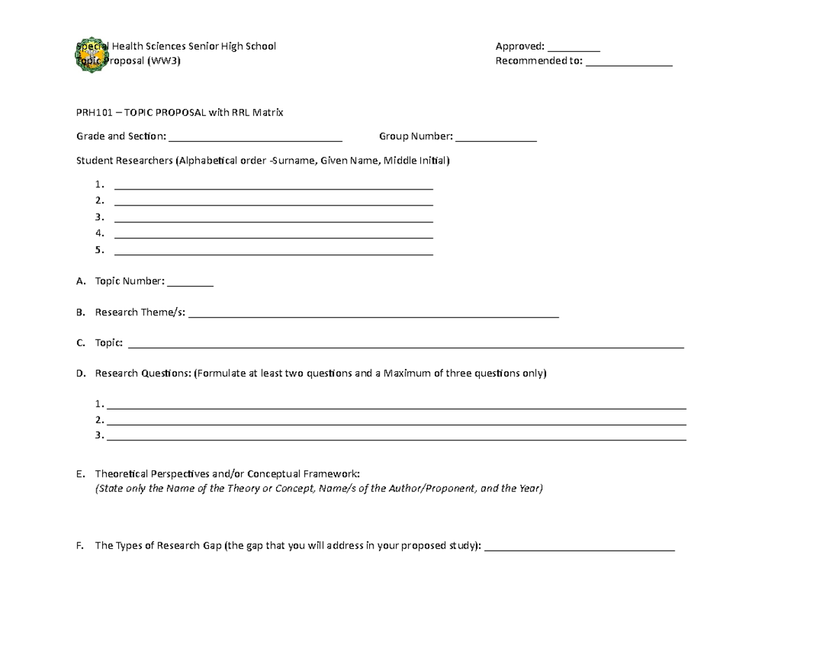 PRH101 Research-Topic-Proposal-Template WW3 SY-2022-2023 - Special ...