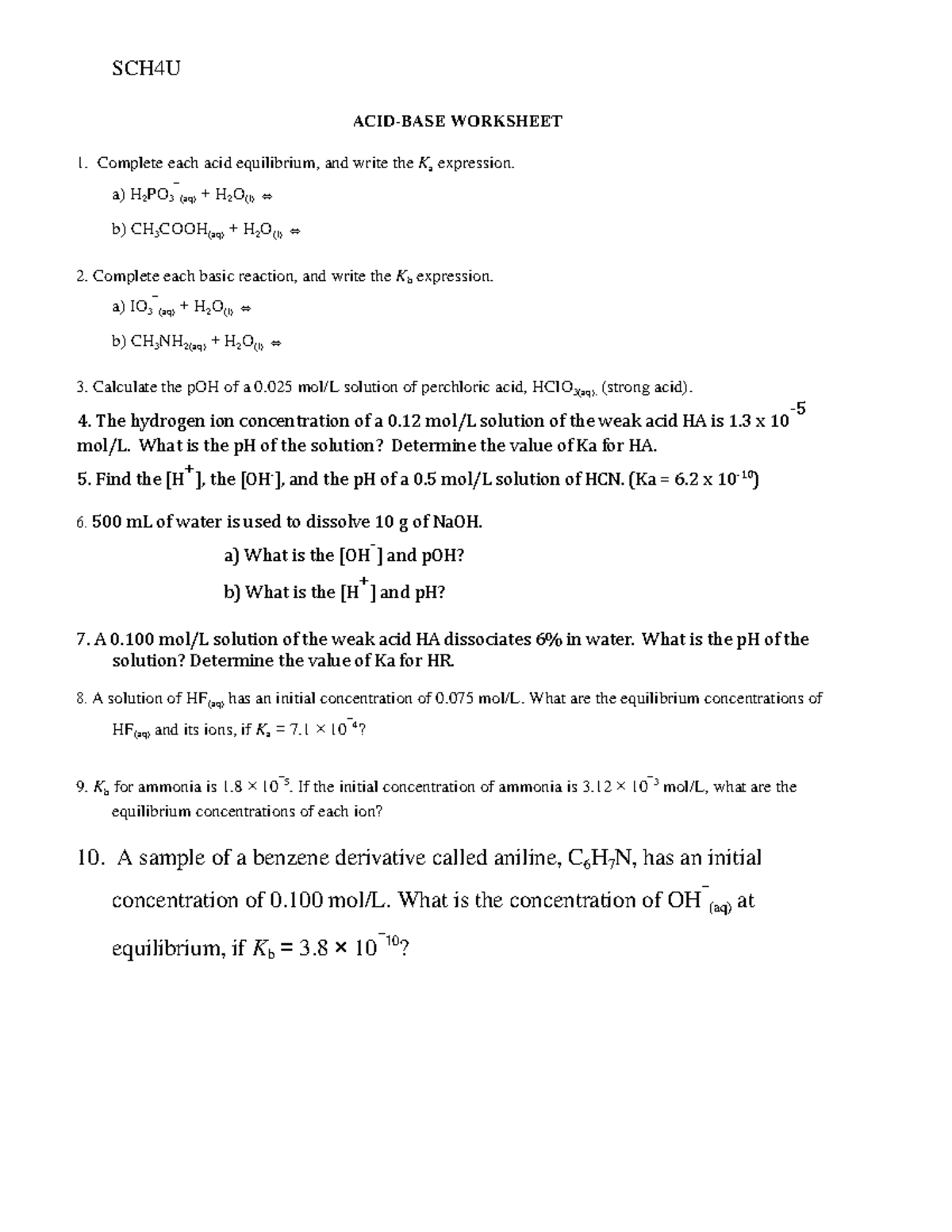 Copy of Acid Base Worksheet.docx - SCH4U ACID-BASE WORKSHEET Complete ...