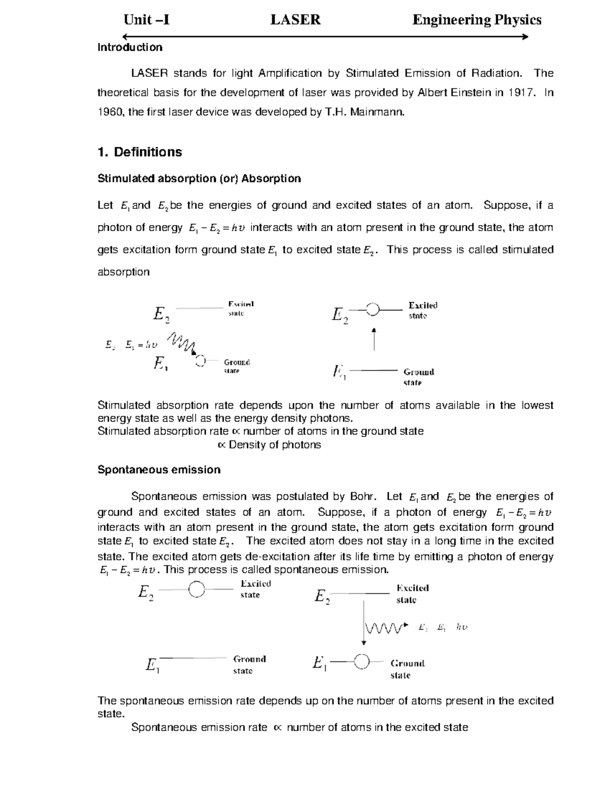 Lasers - Introduction LASER stands for light Amplification by ...