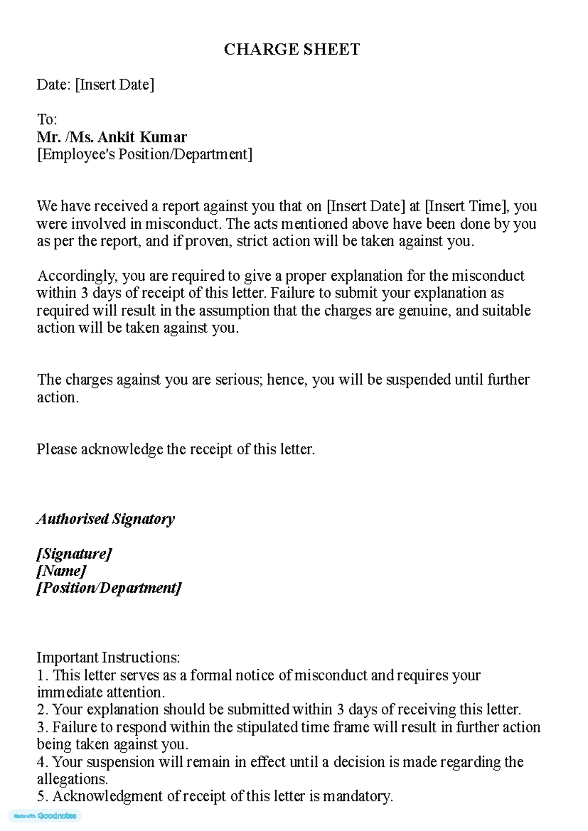 Hrm charge sheet - CHARGE SHEET Date: [Insert Date] To: Mr. /Ms. Ankit ...