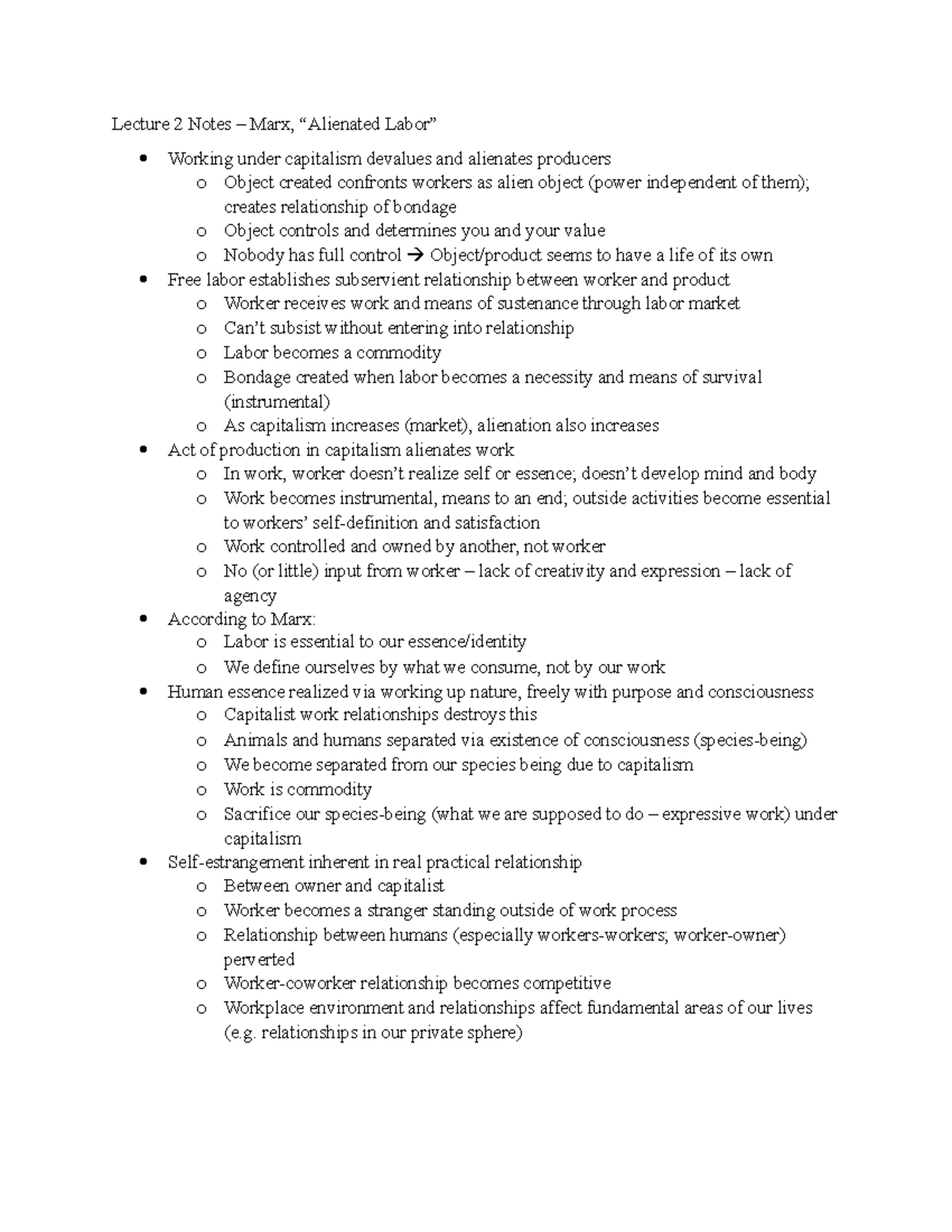 Lecture 2 Notes - Marx "Alienation of Labor" - Lecture 2 Notes – Marx ...