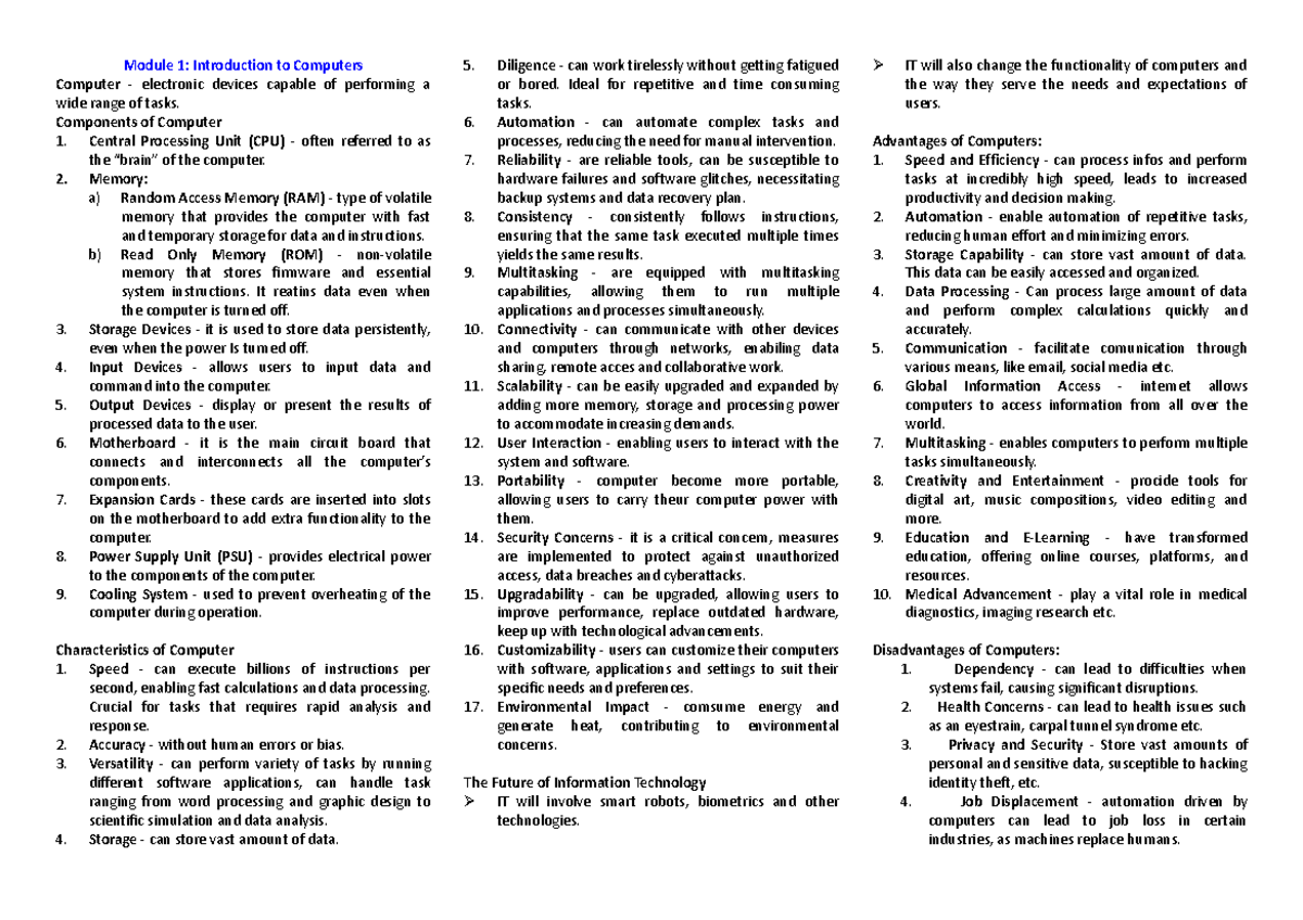 IT-Reviewer - hope it helps - Module 1: Introduction to Computers Computer - electronic devices ...