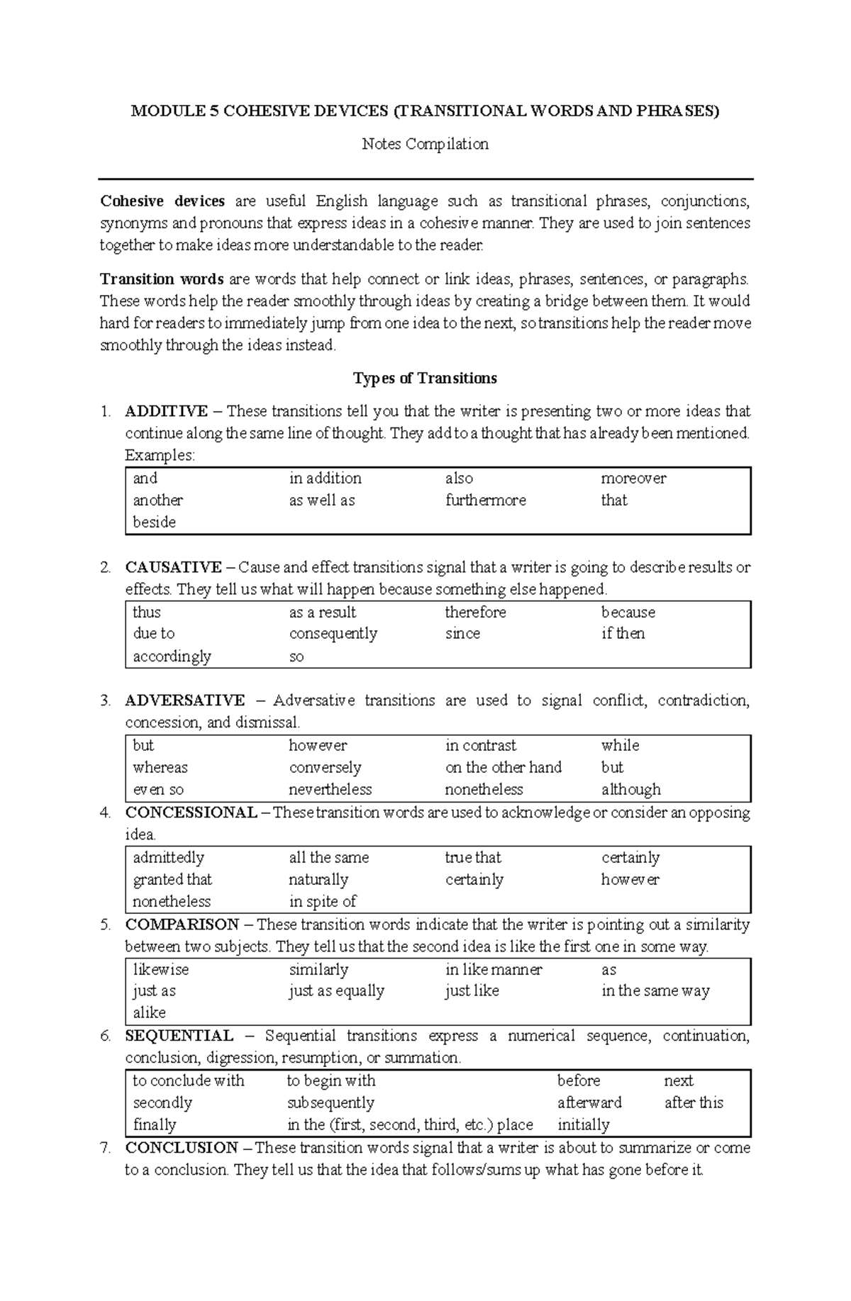 English 8 - MODULE 5 COHESIVE DEVICES (TRANSITIONAL WORDS AND PHRASES ...