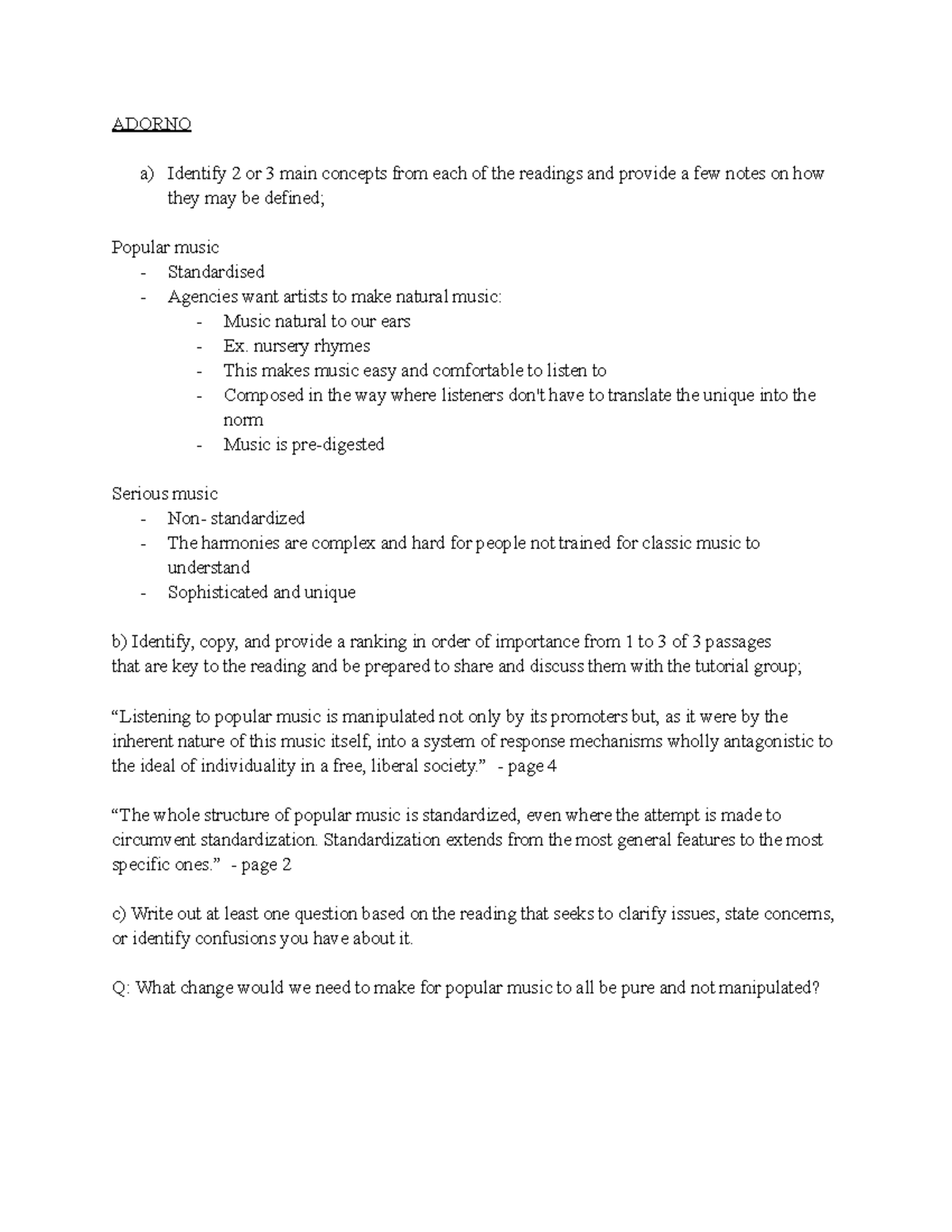 Tutorial Assignment 5 Adorno A Identify 2 Or 3 Main Concepts From Each Of The Readings And 1664