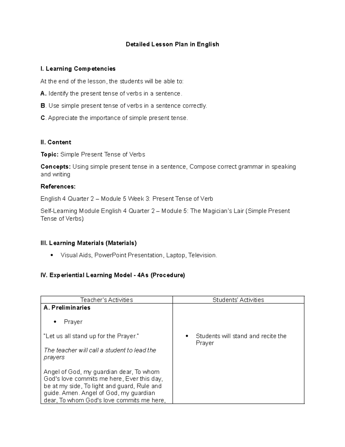 Detailed Lesson Plan in English - Learning Competencies At the end of ...