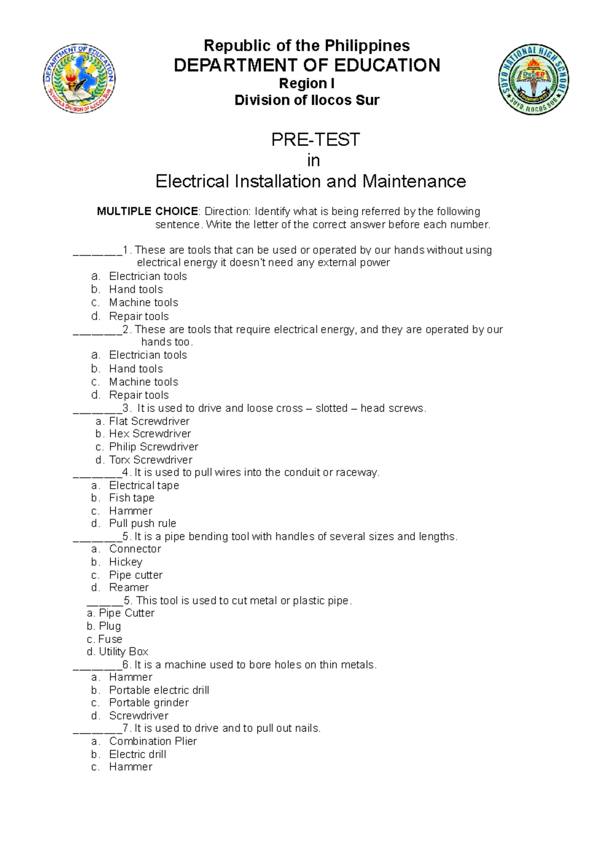 G11pretest - test - PRE-TEST in Electrical Installation and Maintenance ...