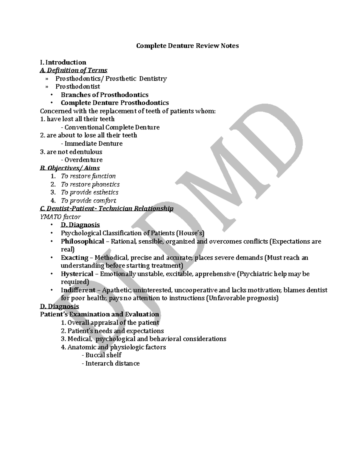 Complete Denture Notes - Complete Denture Review Notes I. Introduction ...