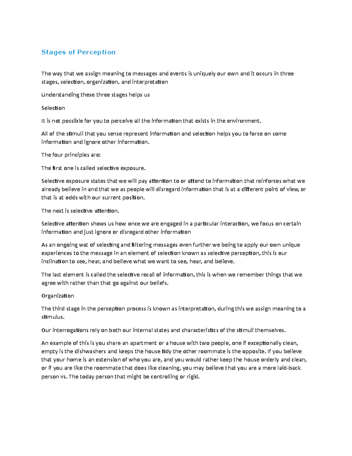 Stages of Perception - All of the stimuli that you sense represent ...