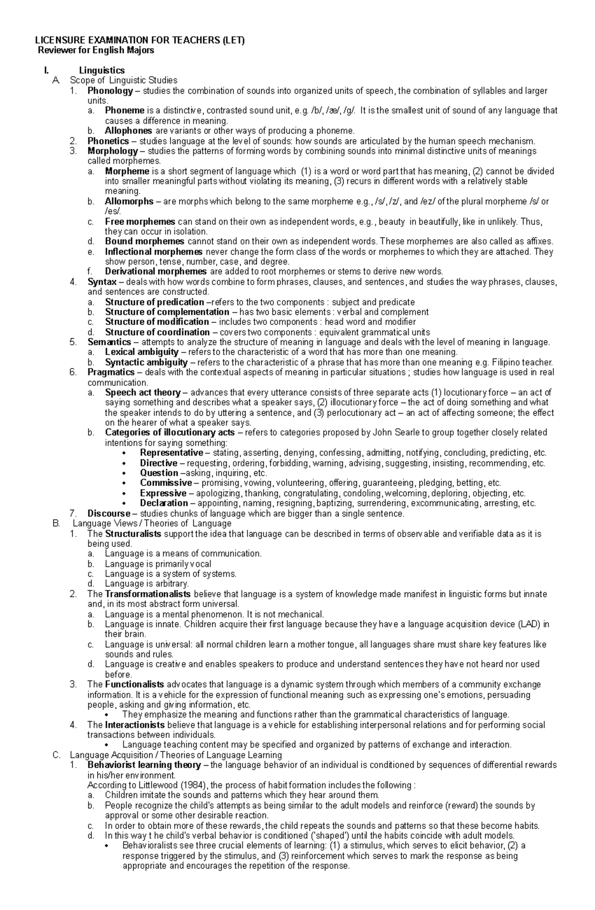 REVIEWER ENGLISH FOR EDUCATION STUDENTS - LICENSURE EXAMINATION FOR ...