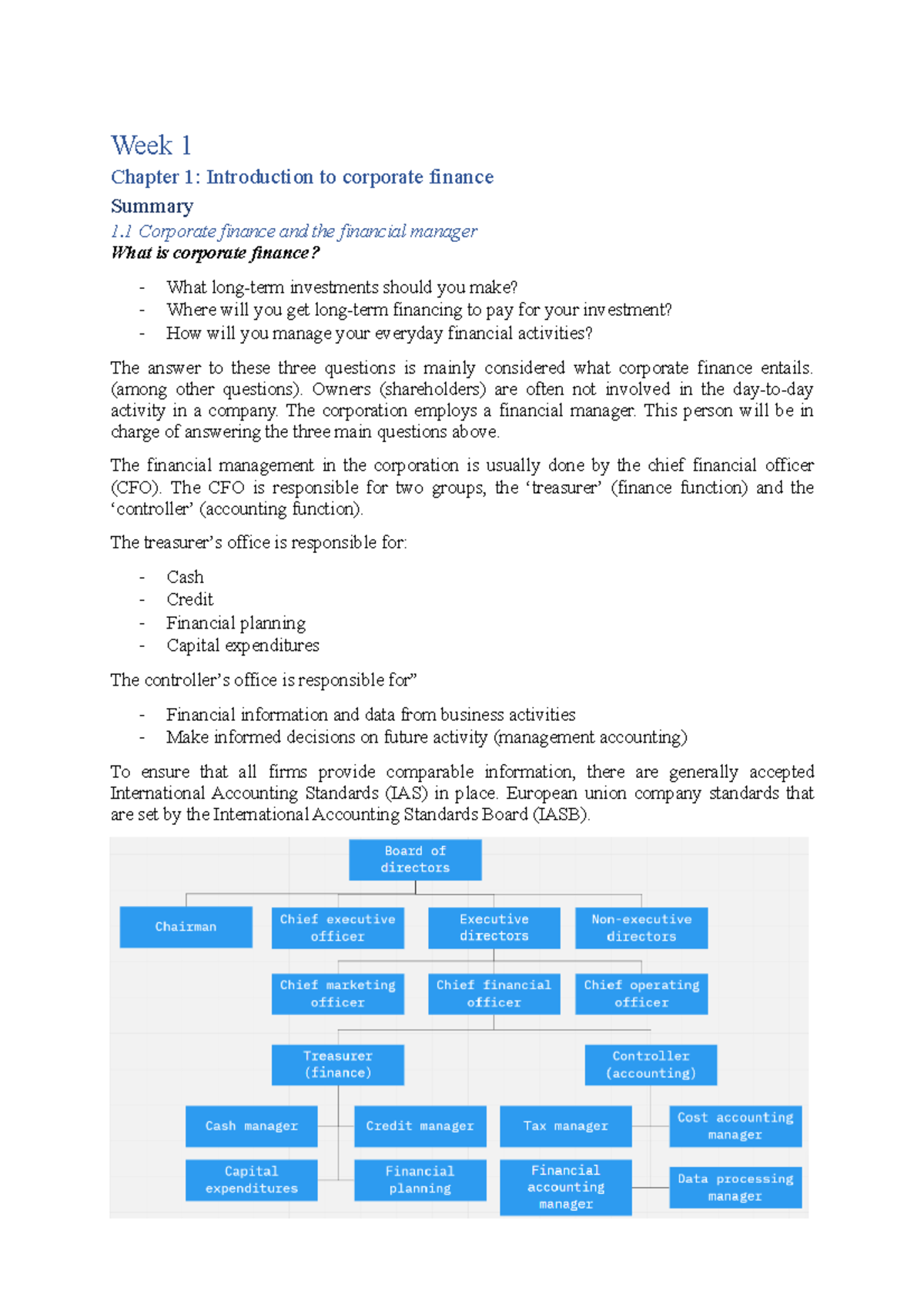 Corporate finance Week 1 summary - Week 1 Chapter 1: Introduction to corporate finance Summary 1 ...