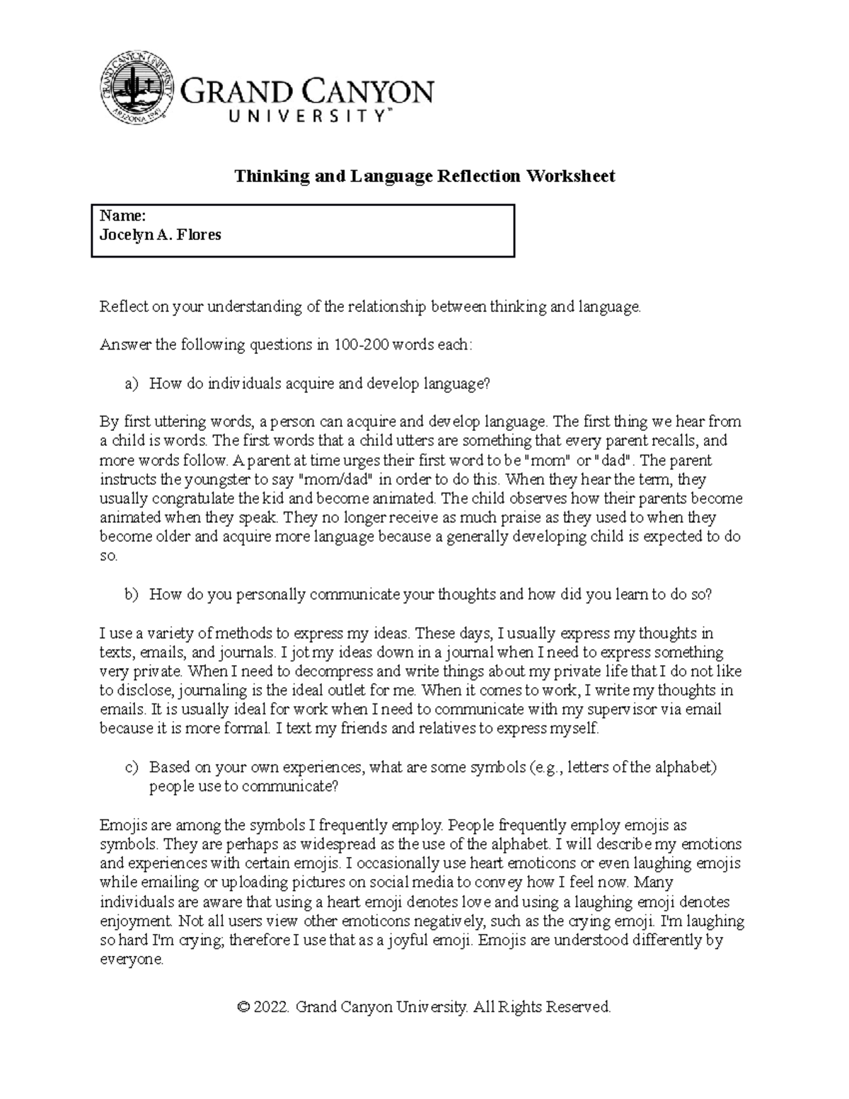 PHI105 - Thinking and Language Reflection Worksheet - Thinking and ...