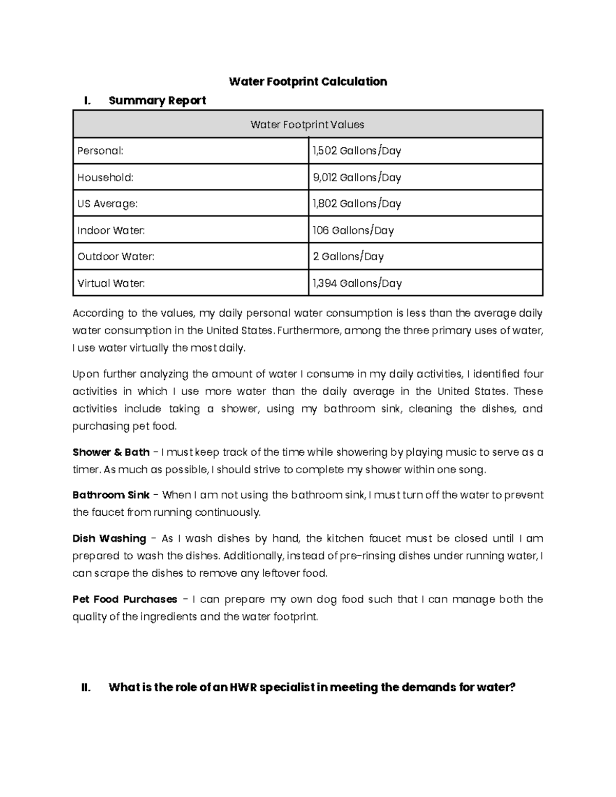 Water Footprint Calculation - Summary Report Water Footprint Values ...